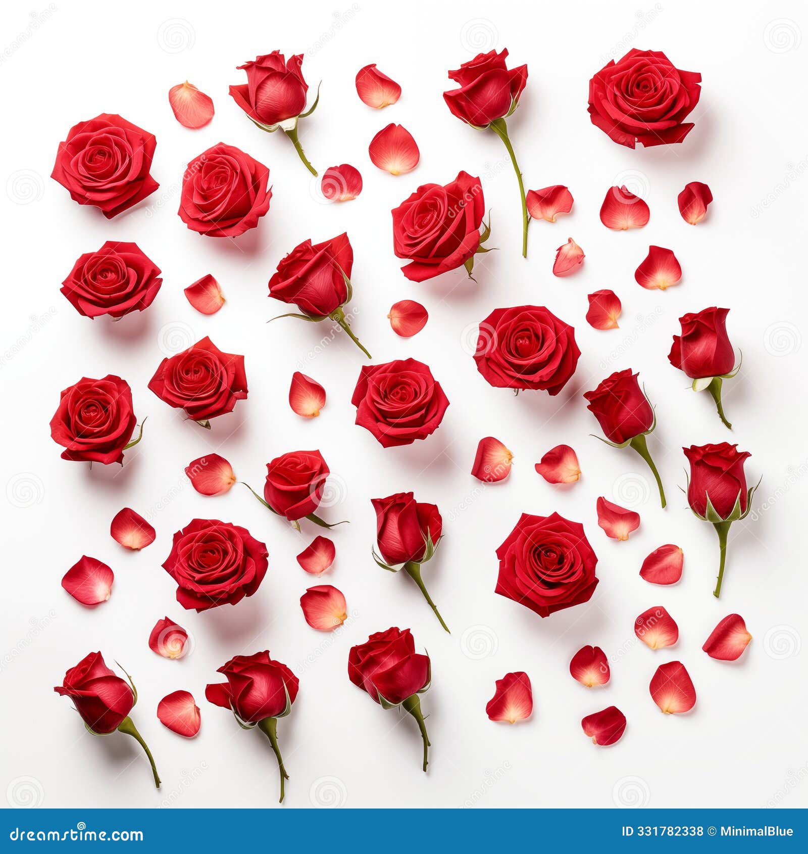 Scattered Red Roses and Petals on White Background Stock Illustration ...