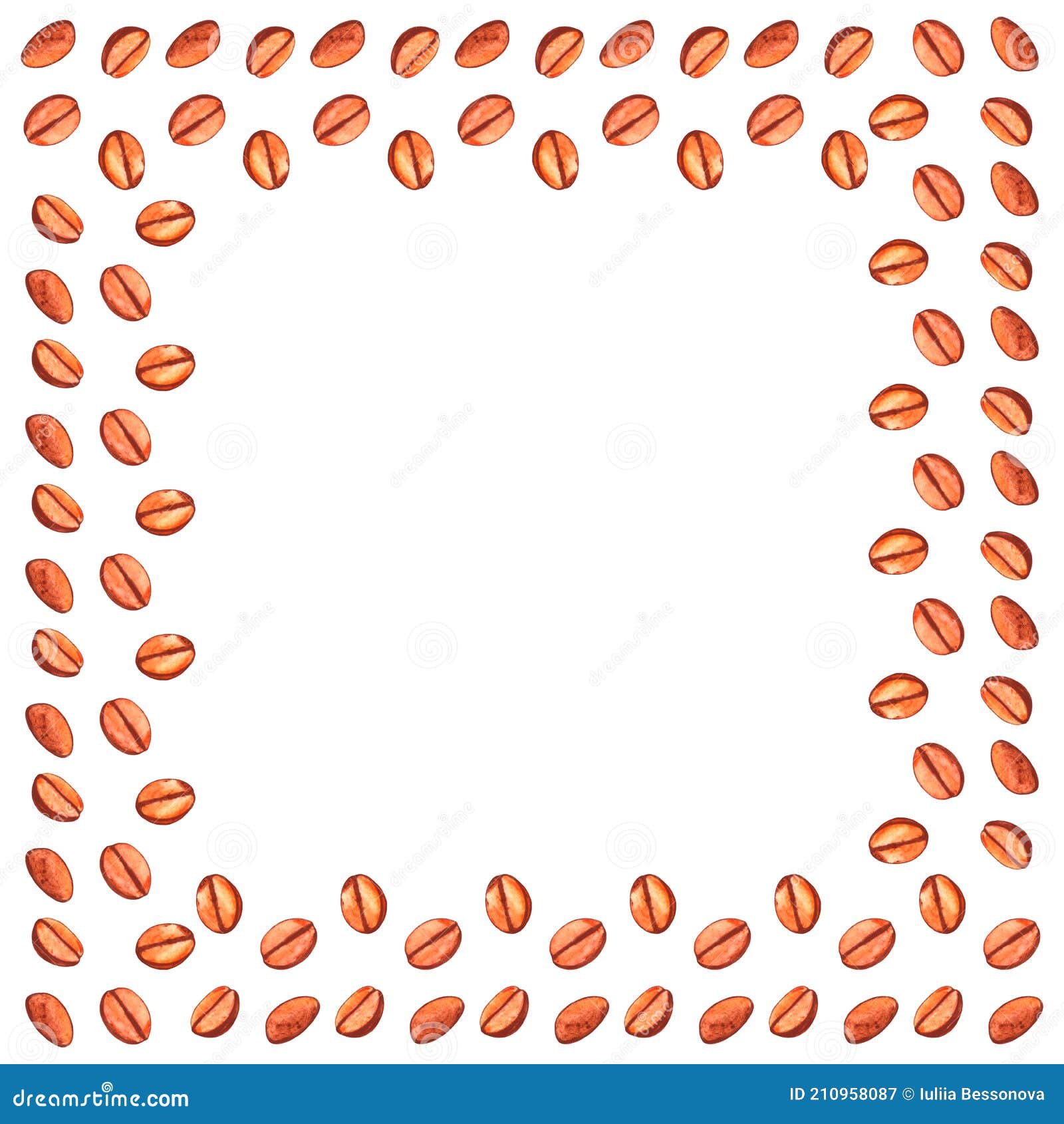 Scattered Roasted Coffee Beans Blank Square Frame. Watercolor Hand ...