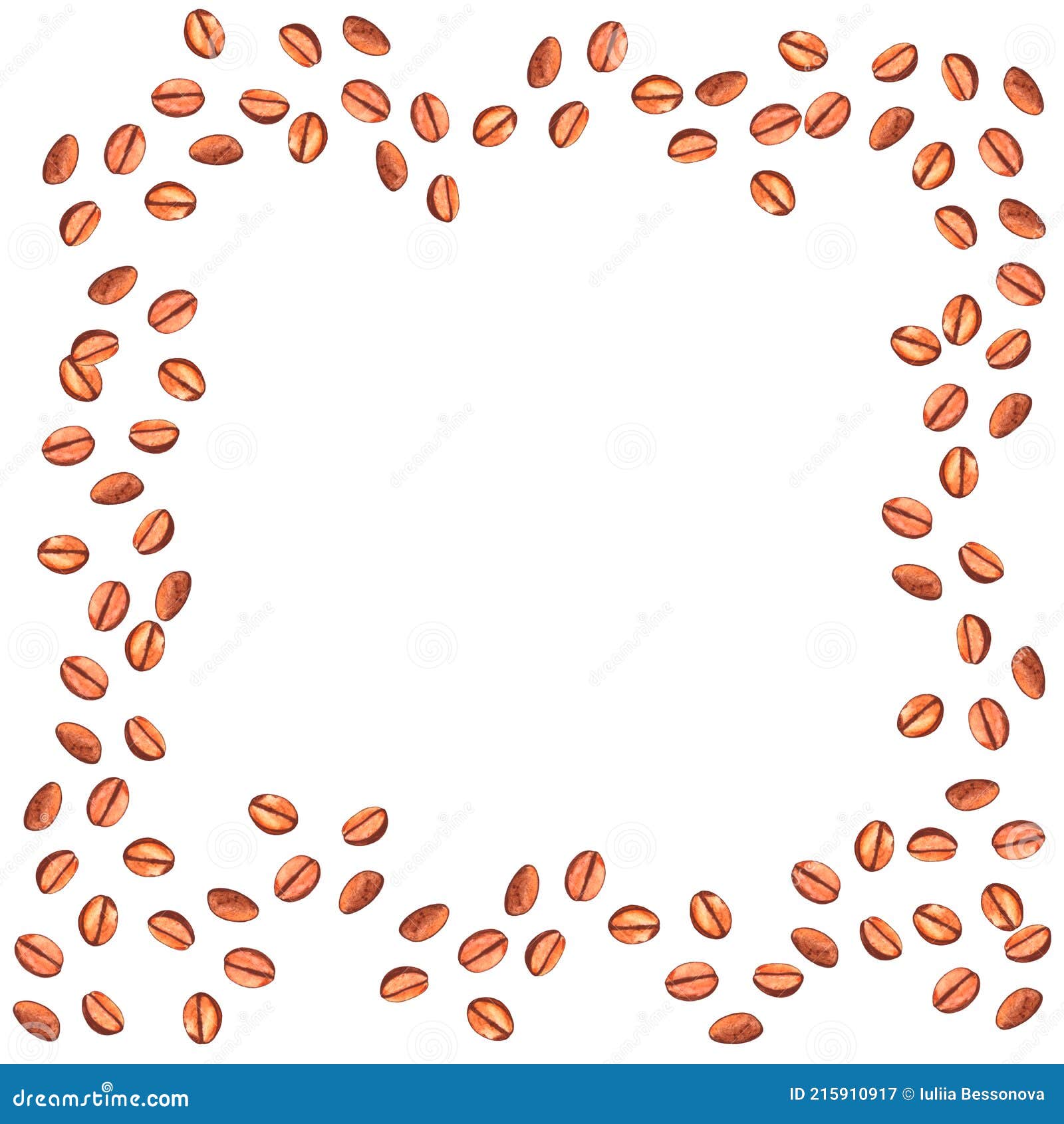 Scattered Roasted Coffee Beans Blank Square Frame. Watercolor Hand ...