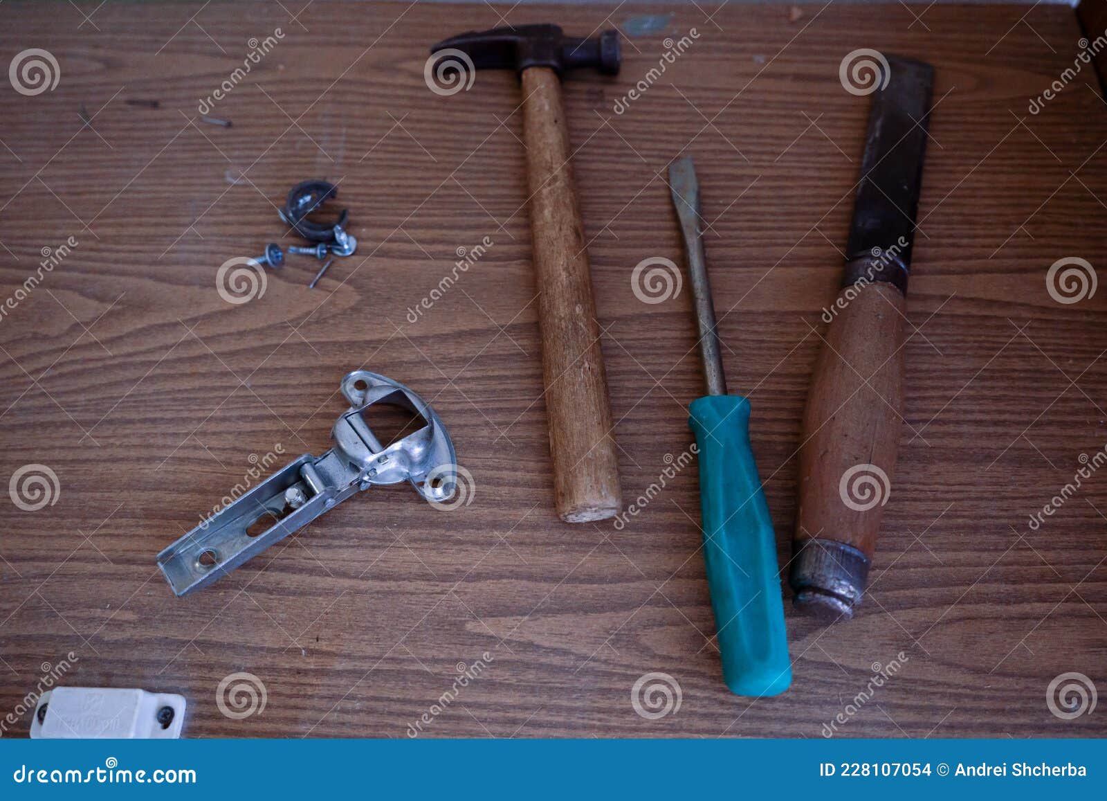 Scattered Tools Lie on a Dusty Table Stock Photo - Image of hammer ...