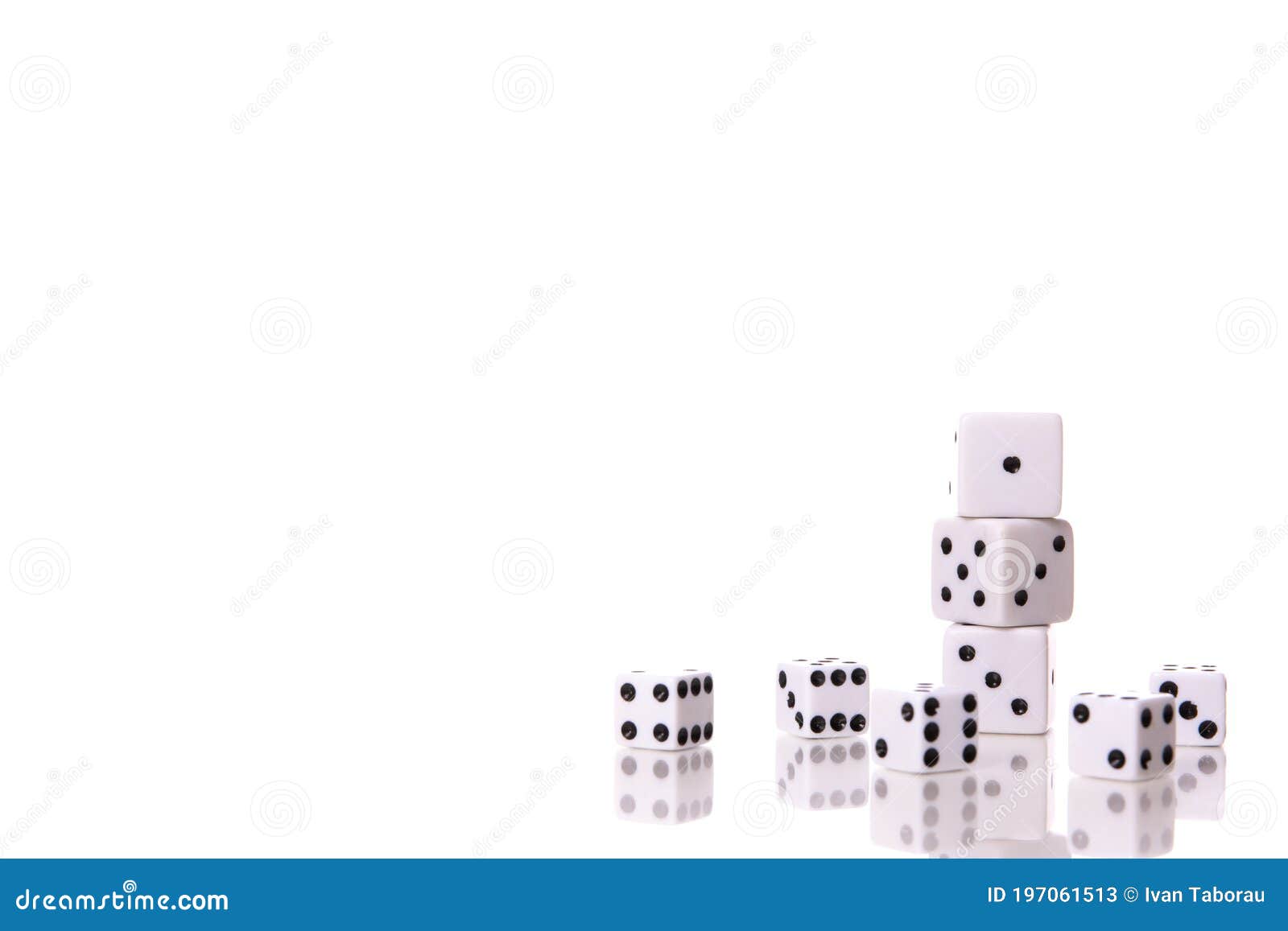 Scattered White Dice and Stack of Three Dice are Reflected on Table ...