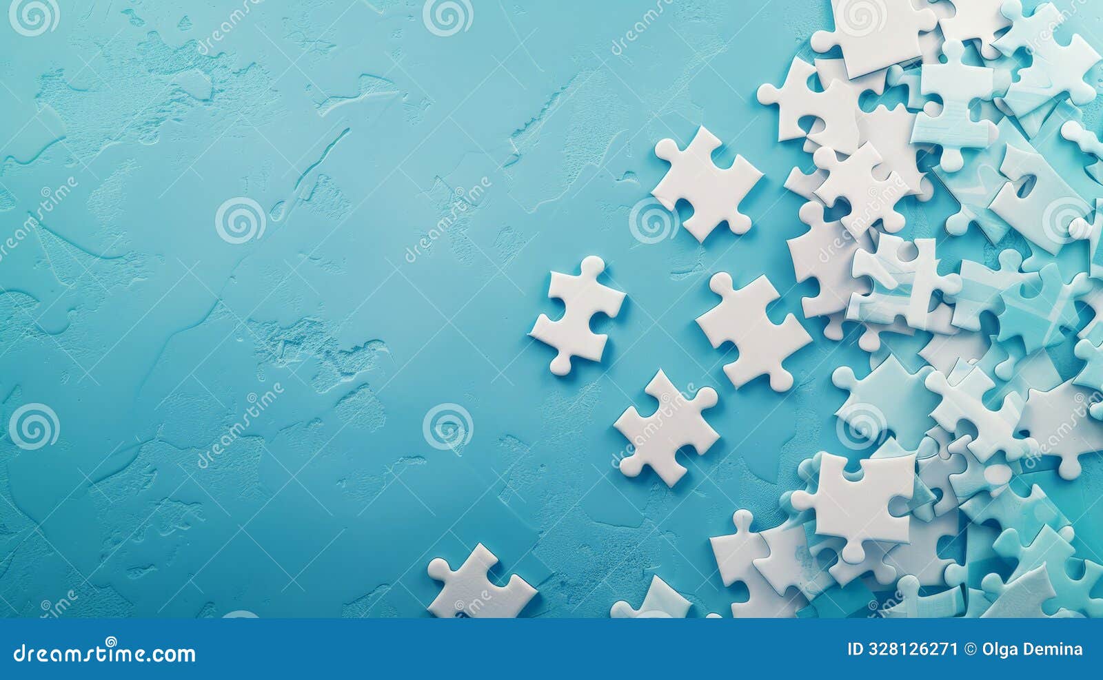 Scattered White Puzzle Pieces on a Textured Blue Background. Represents ...
