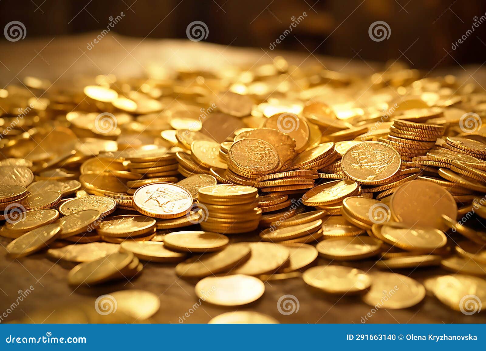Scattering of gold coinsin stock photo. Image of glowing - 291663140