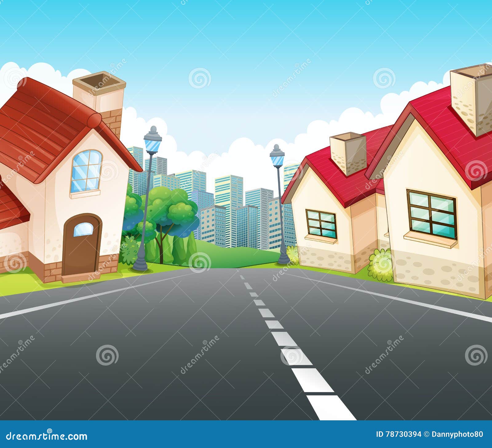 Scena Della Vicinanza Con Molte Case Lungo La Strada Illustrazione ...