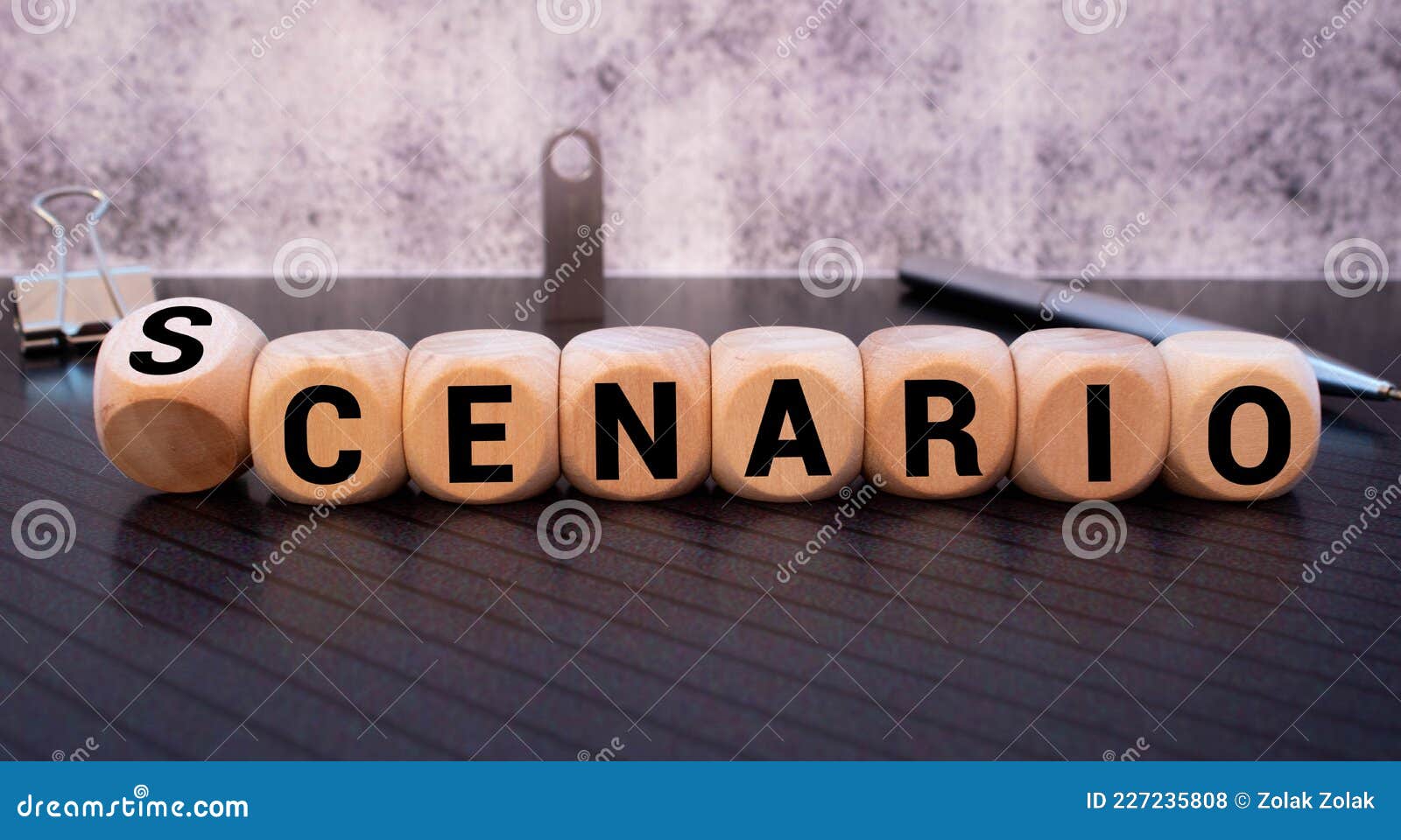 SCENARIO Word on Wooden Cube Isolated on Orange Background Stock Photo ...