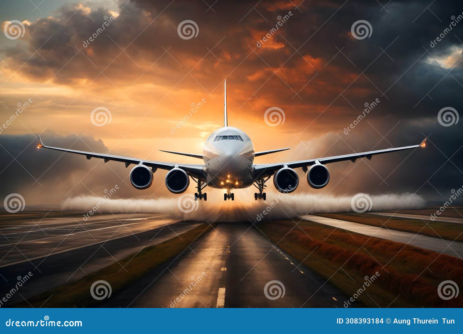 A Scene of an Airplane Landing at Sunset Stock Photo - Image of boeing ...