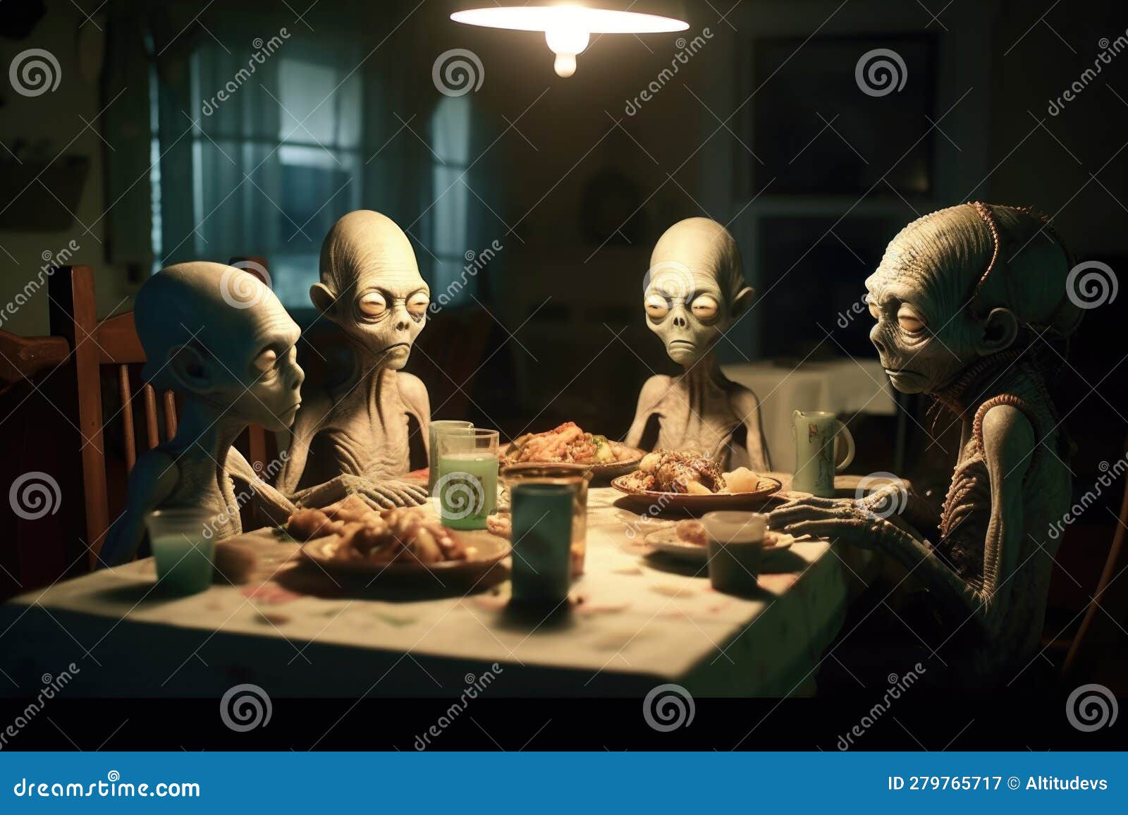 A Scene of Alien Family Members Sitting Around the Dinner Table ...