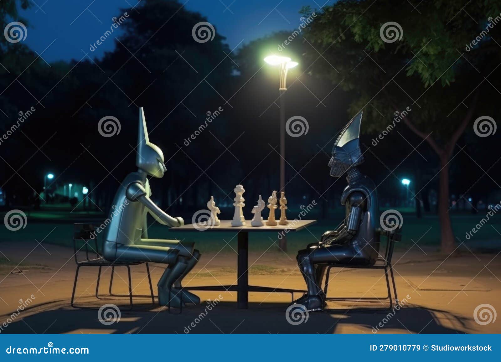 Scene of Alien Playing Chess at Park in the Evening Stock Illustration ...
