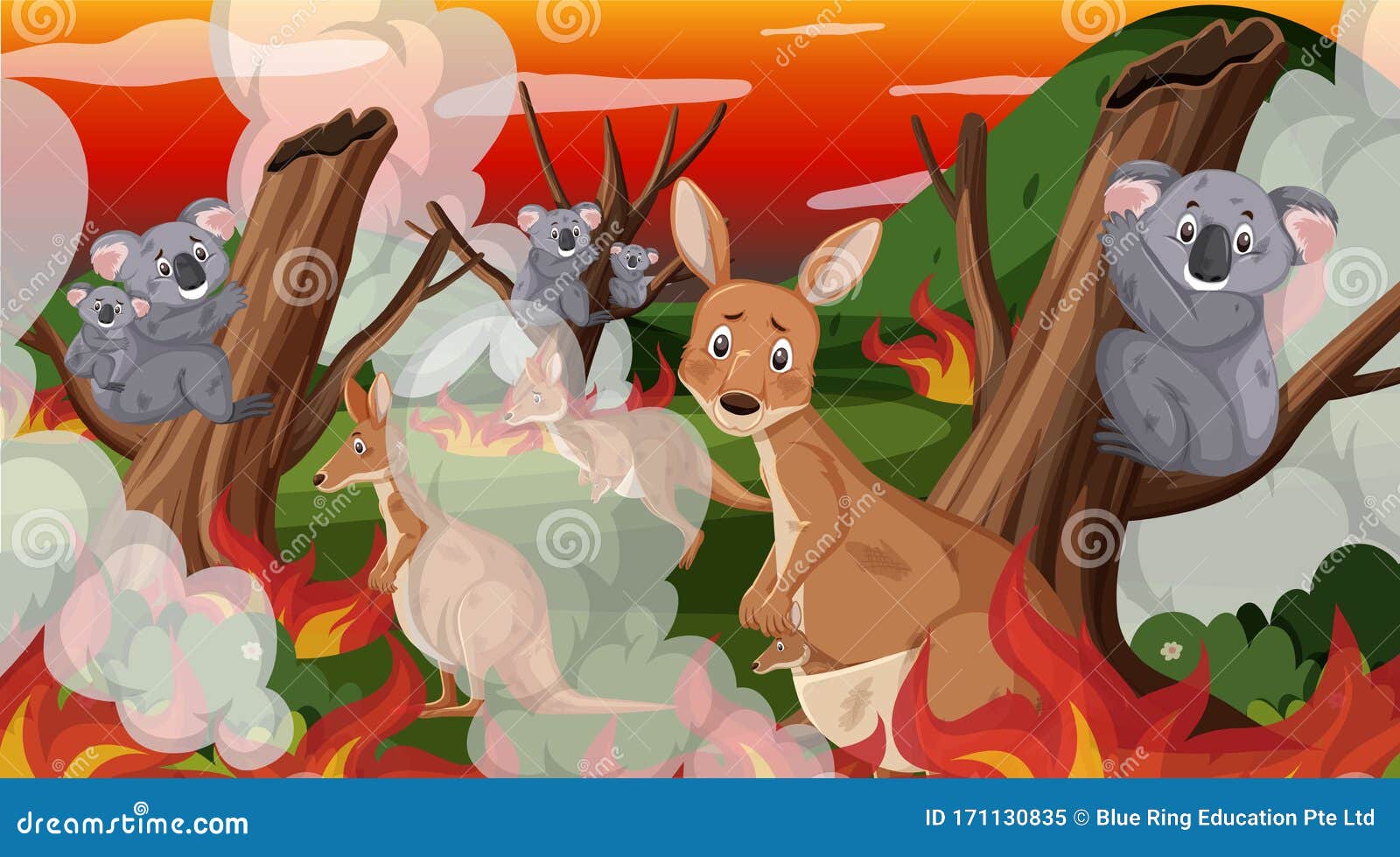 Scene with Big Wildfire with Animal Trapped in the Forest Stock ...