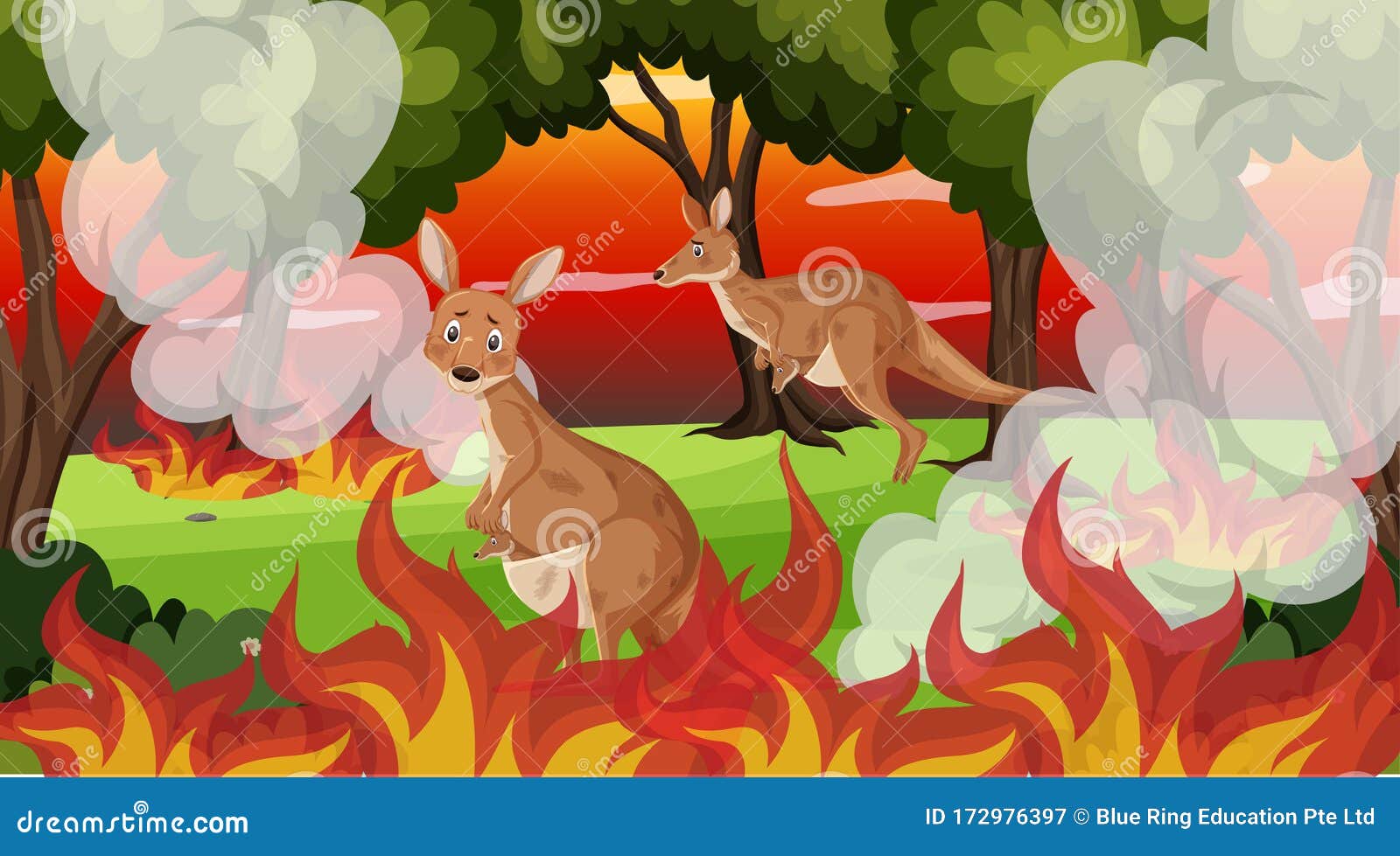 Scene with Big Wildfire with Animal Trapped in the Forest Stock Vector ...
