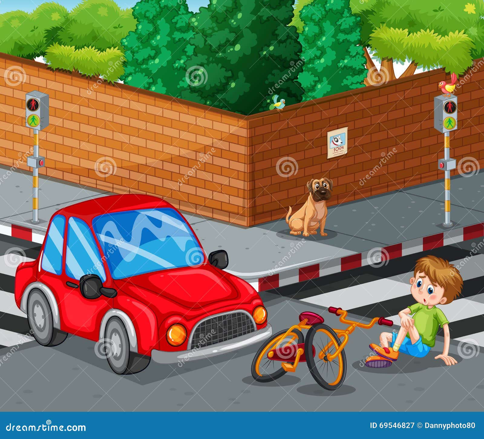 Scene with Car Crashing Bicycle and Boy Getting Hurt Stock Vector ...
