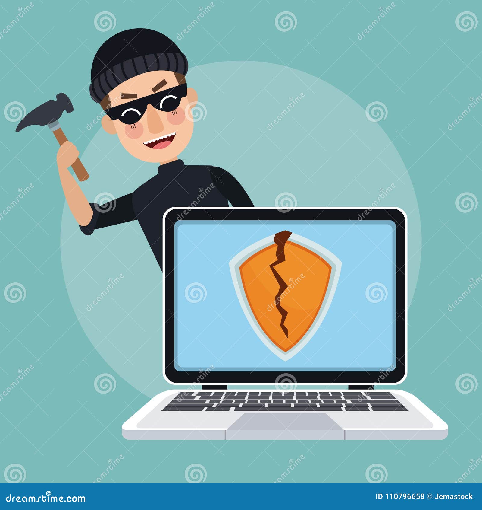 Scene Color Laptop with Broken Security Shield and Thief Man Hacker ...