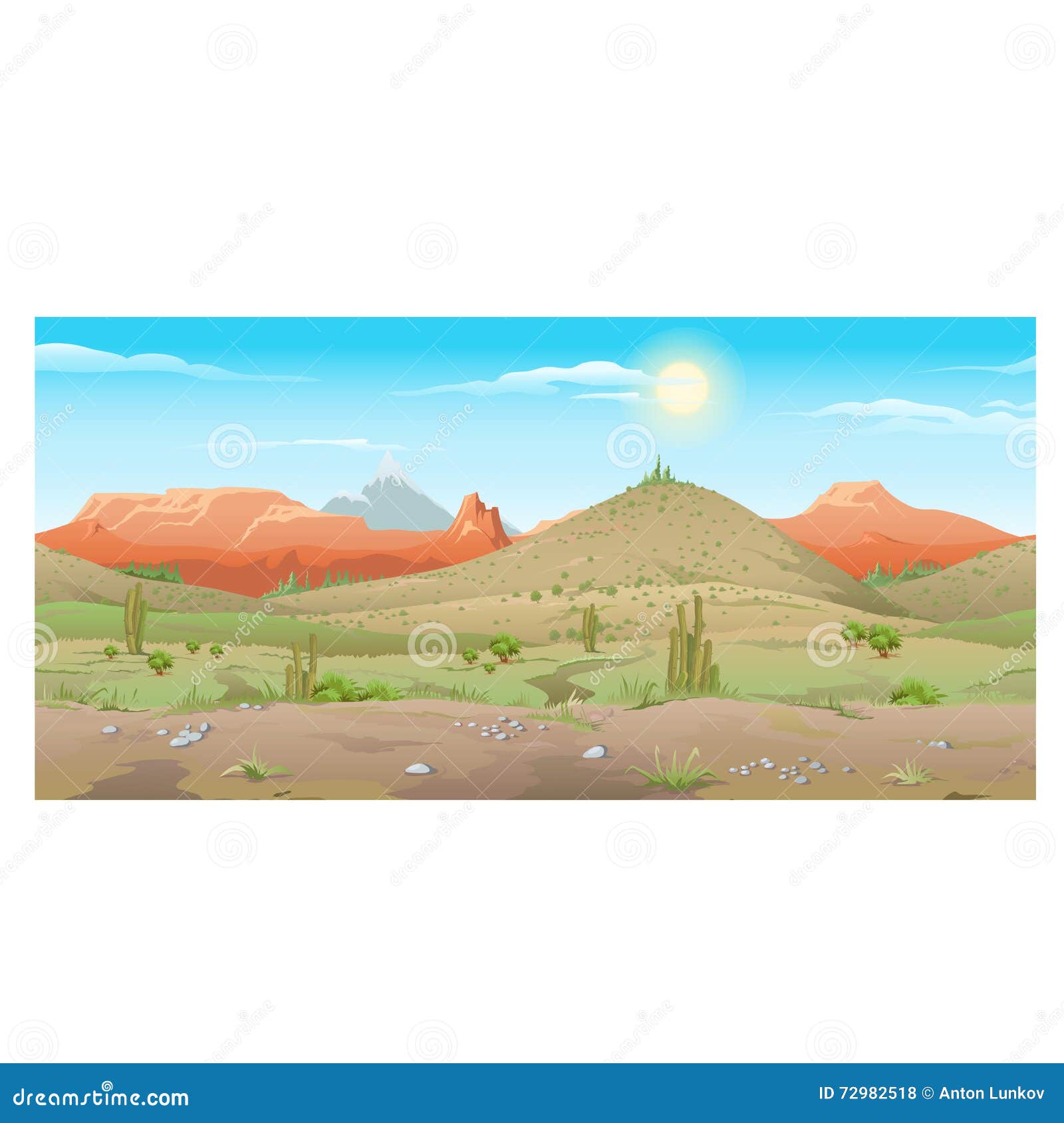 Scene Creative, Desert with Plants and Mountains Stock Vector ...