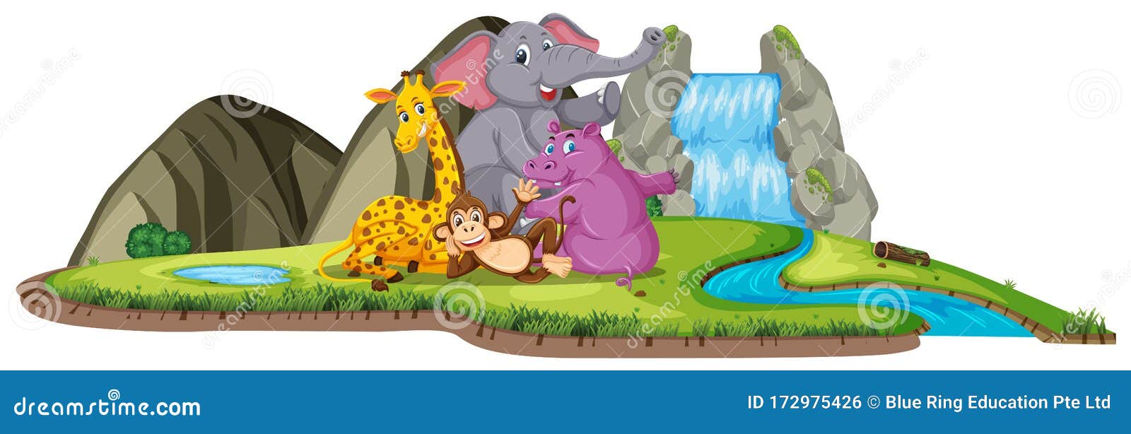 Scene with Cute Animals by the Waterfall Stock Vector - Illustration of ...