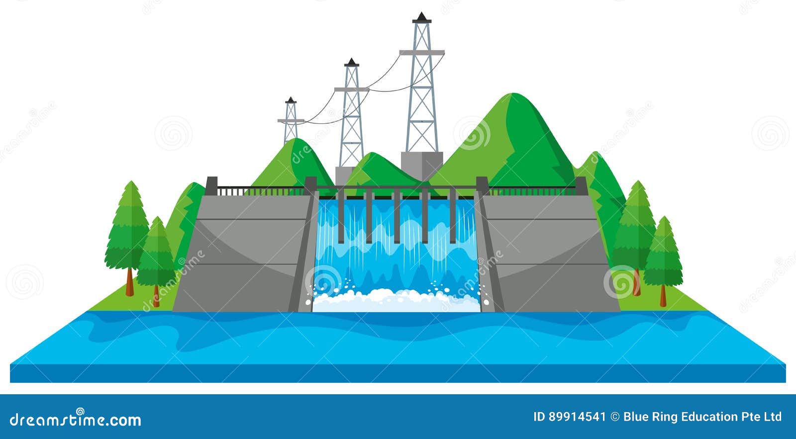 Scene with Dam and Electric Towers in 3D Design Stock Vector ...