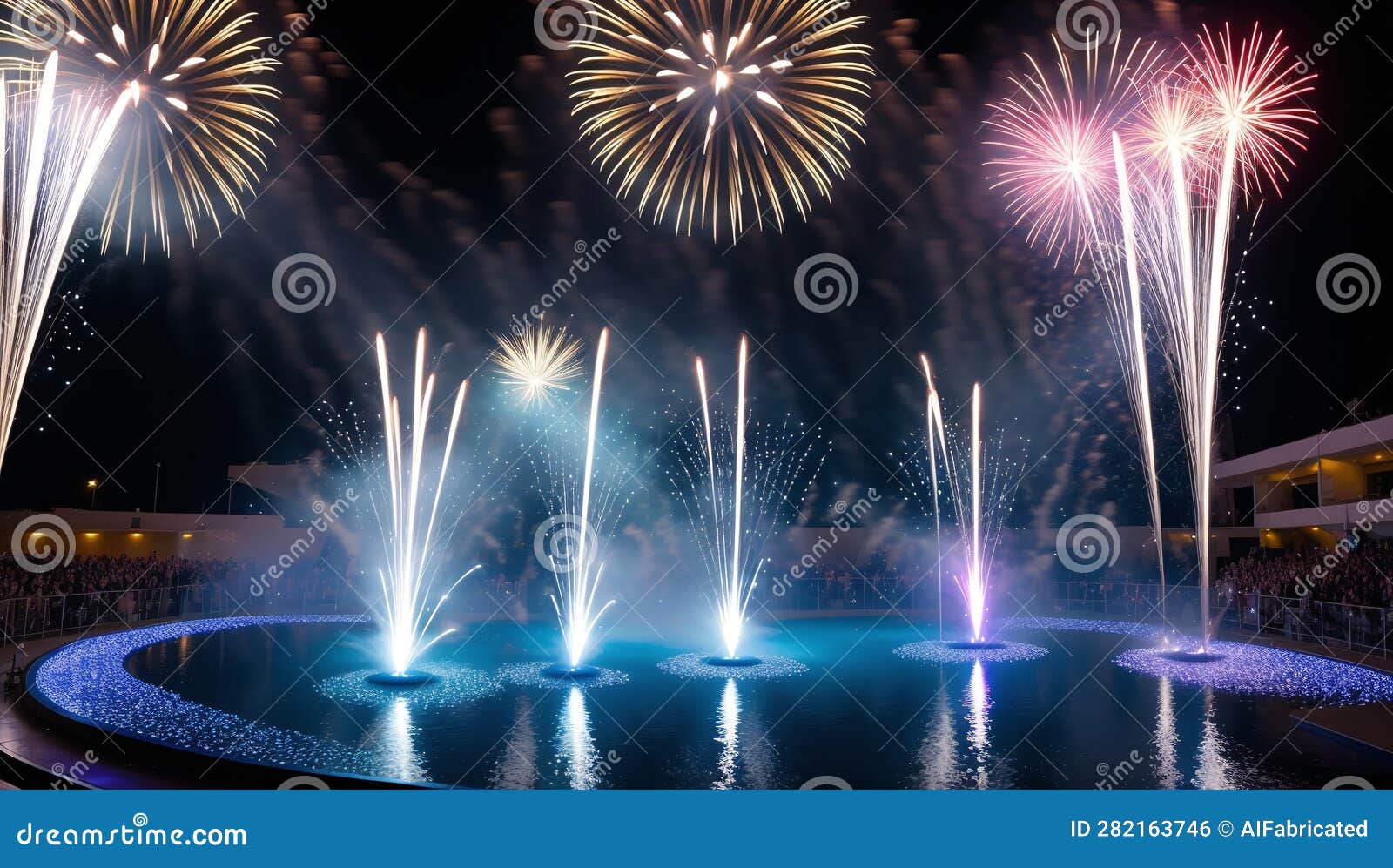 A Scene of an Enchantingly Whimsical Fountain with Fireworks in the ...