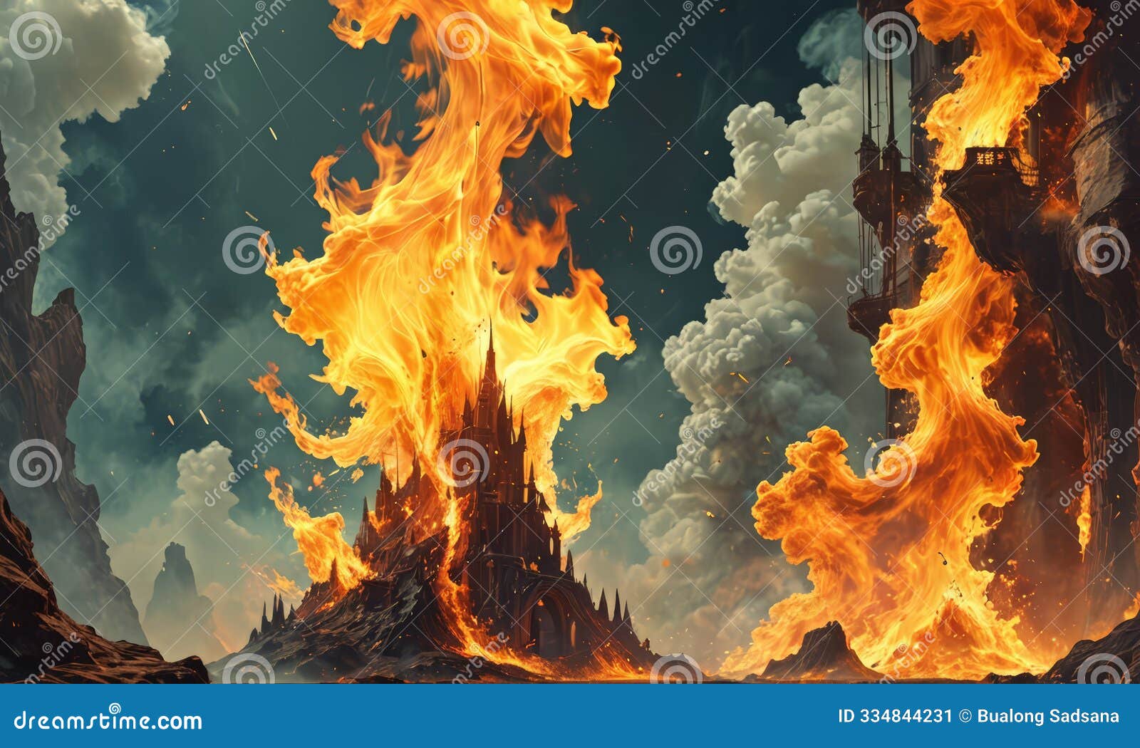Scene Fantasy Castle on Fire Stock Illustration - Illustration of blue ...