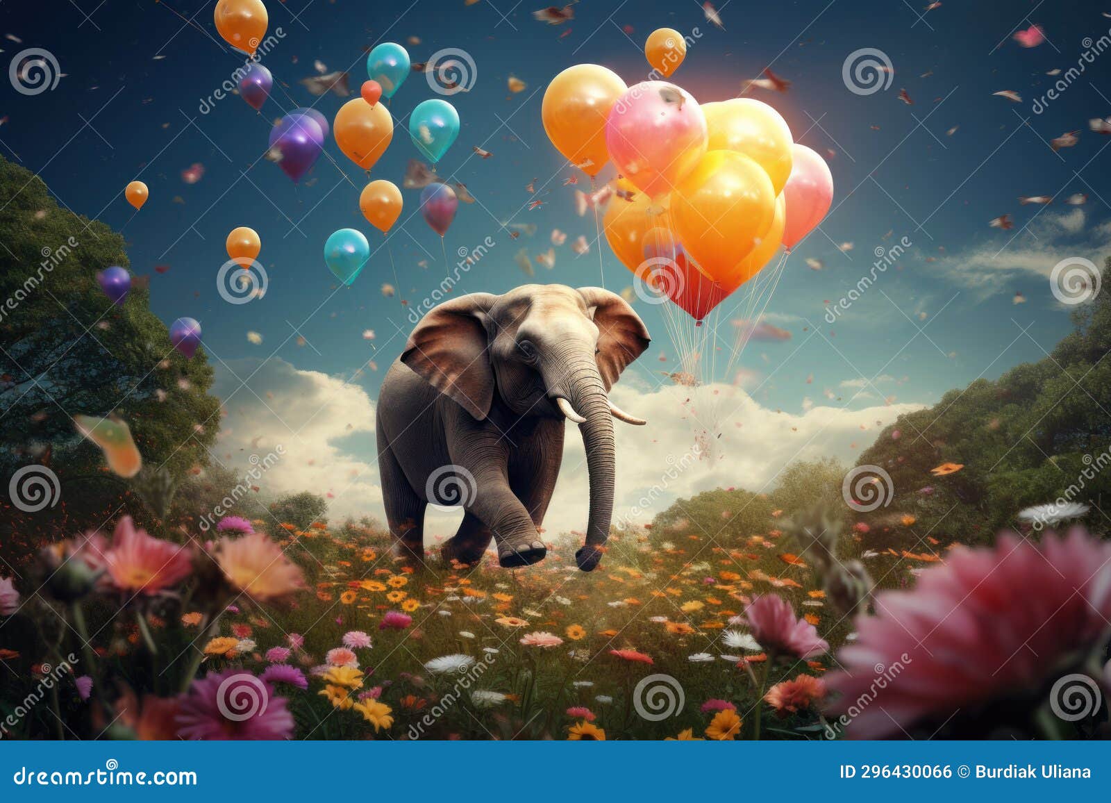 Scene Featuring an Elephant Floating with Balloons. AI Generative Stock ...
