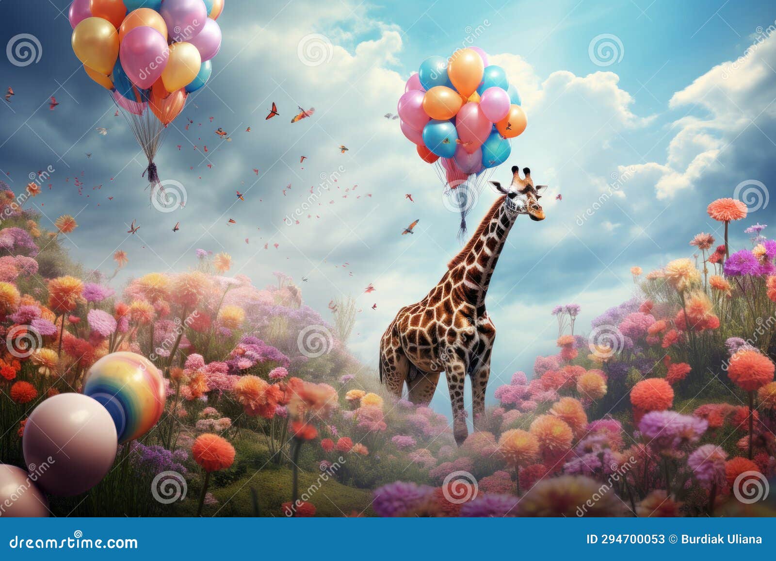 Scene Featuring an Giraffe Floating with Balloons. AI Generative Stock ...