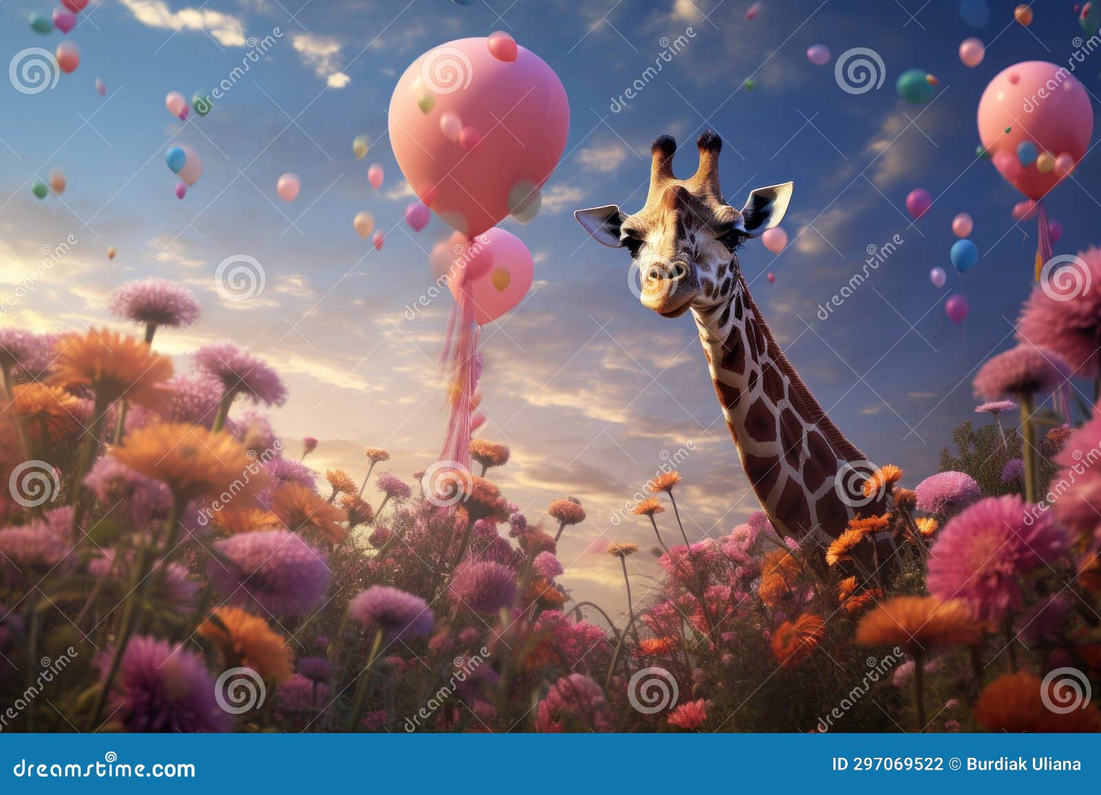 Scene Featuring an Giraffe Floating with Balloons. AI Generative Stock ...