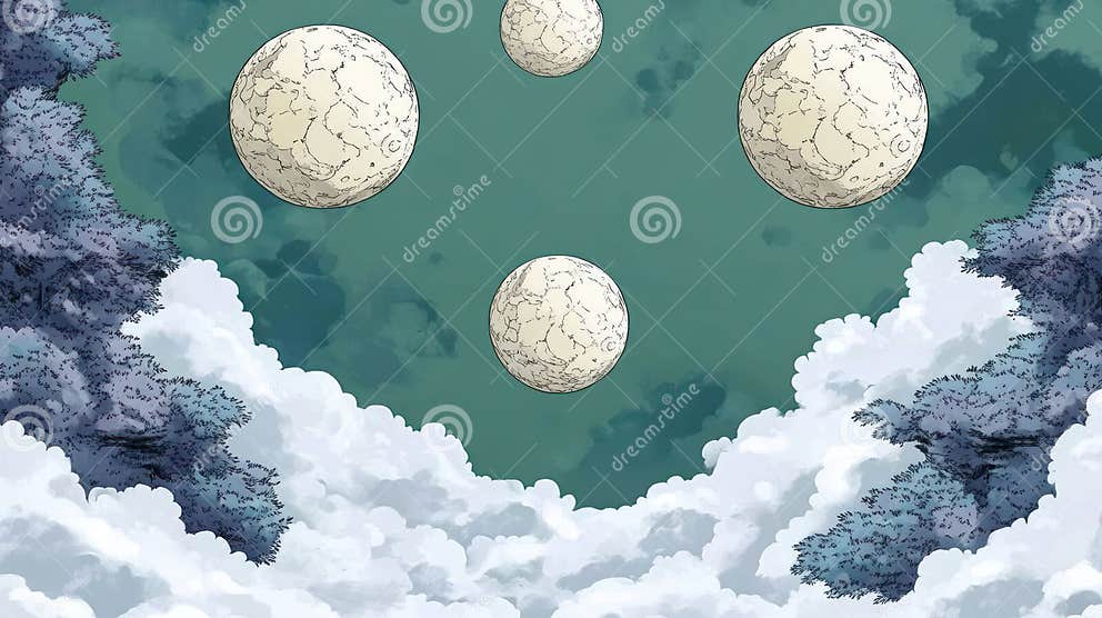 A Scene Featuring Multiple Moons in a Cloudy Sky, Creating a Surreal ...