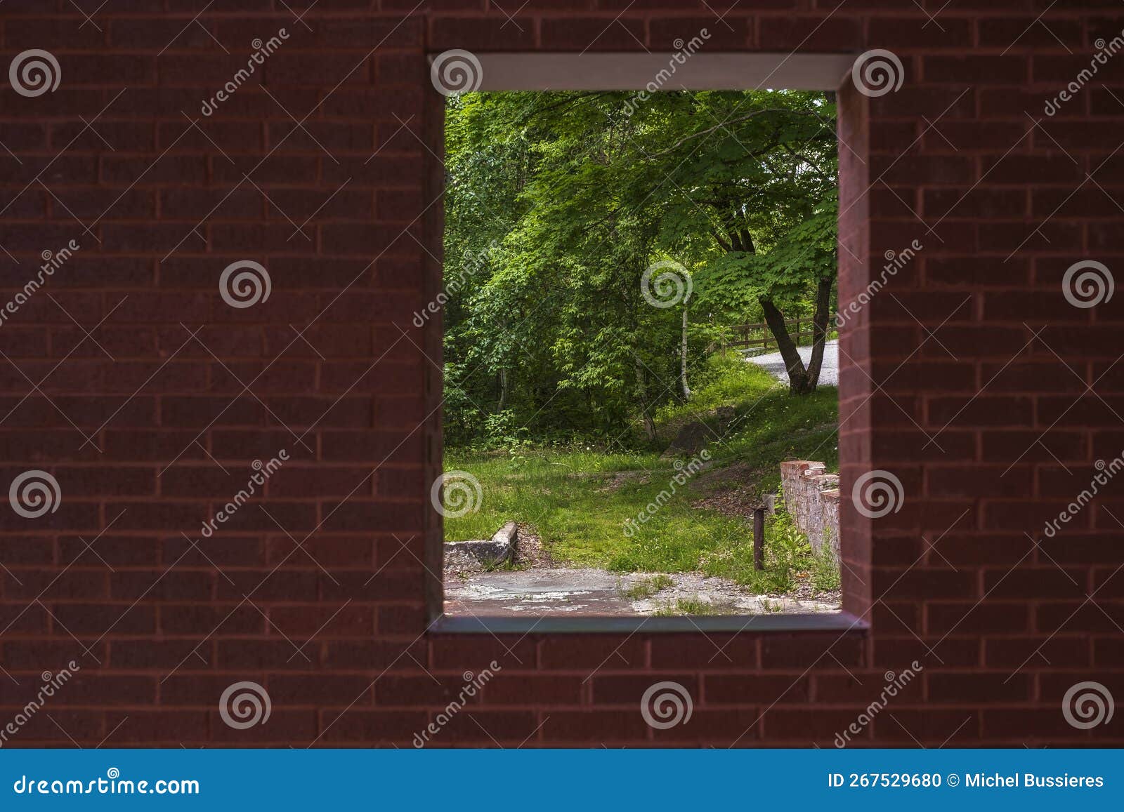 Scene of a Forest through a Window with a Bick Wall Stock Photo - Image ...