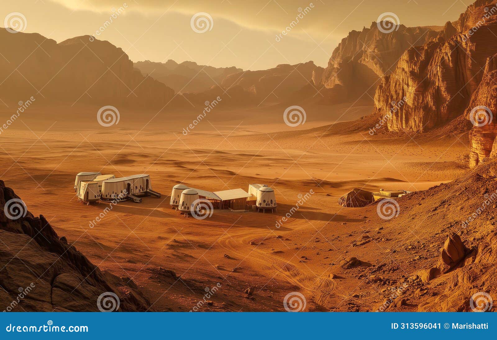 Scene of the Future Settlement of Astronauts on Mars. Alien Station ...