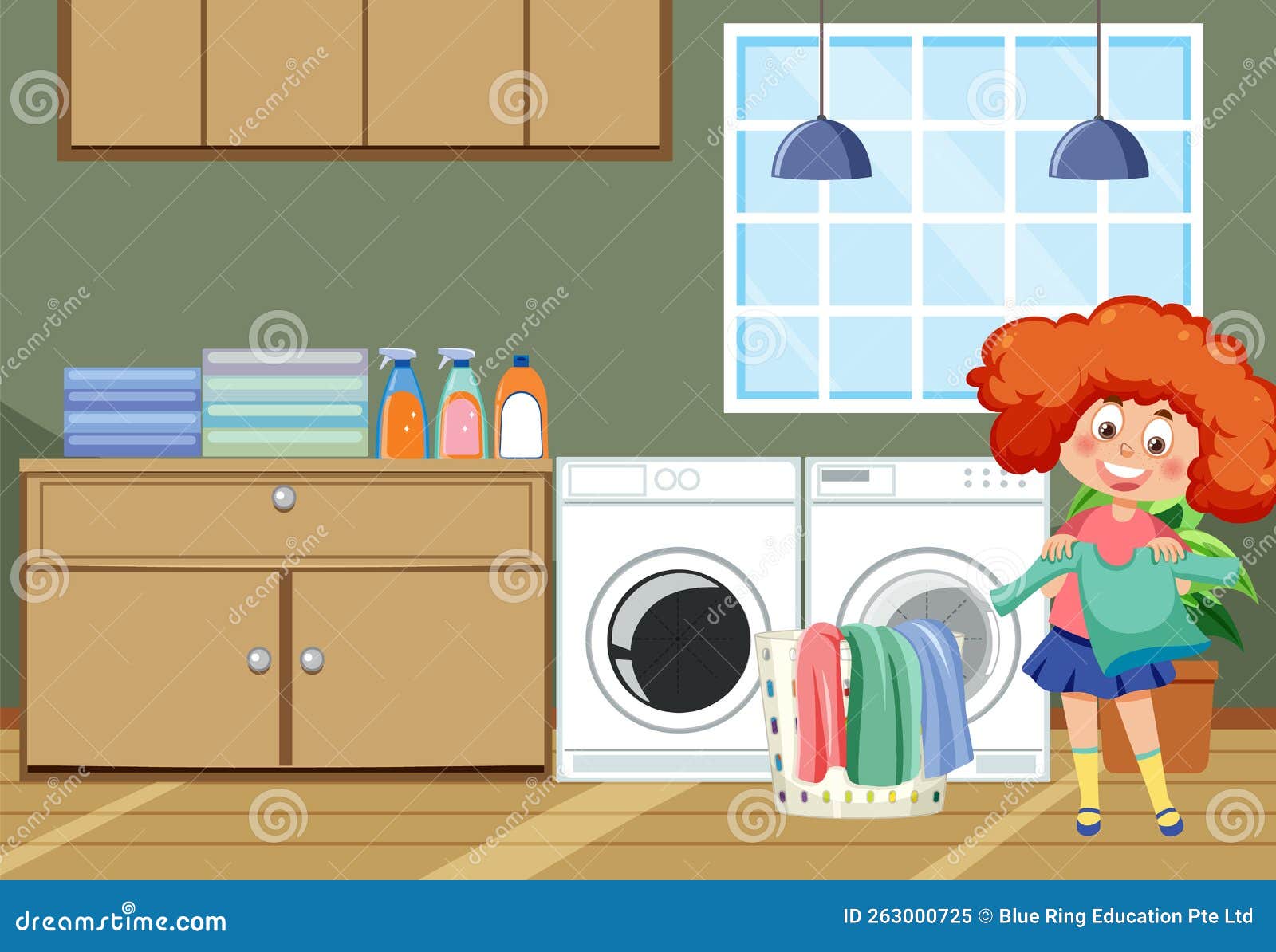 Scene with a Girl Doing Laundry Stock Vector - Illustration of house ...