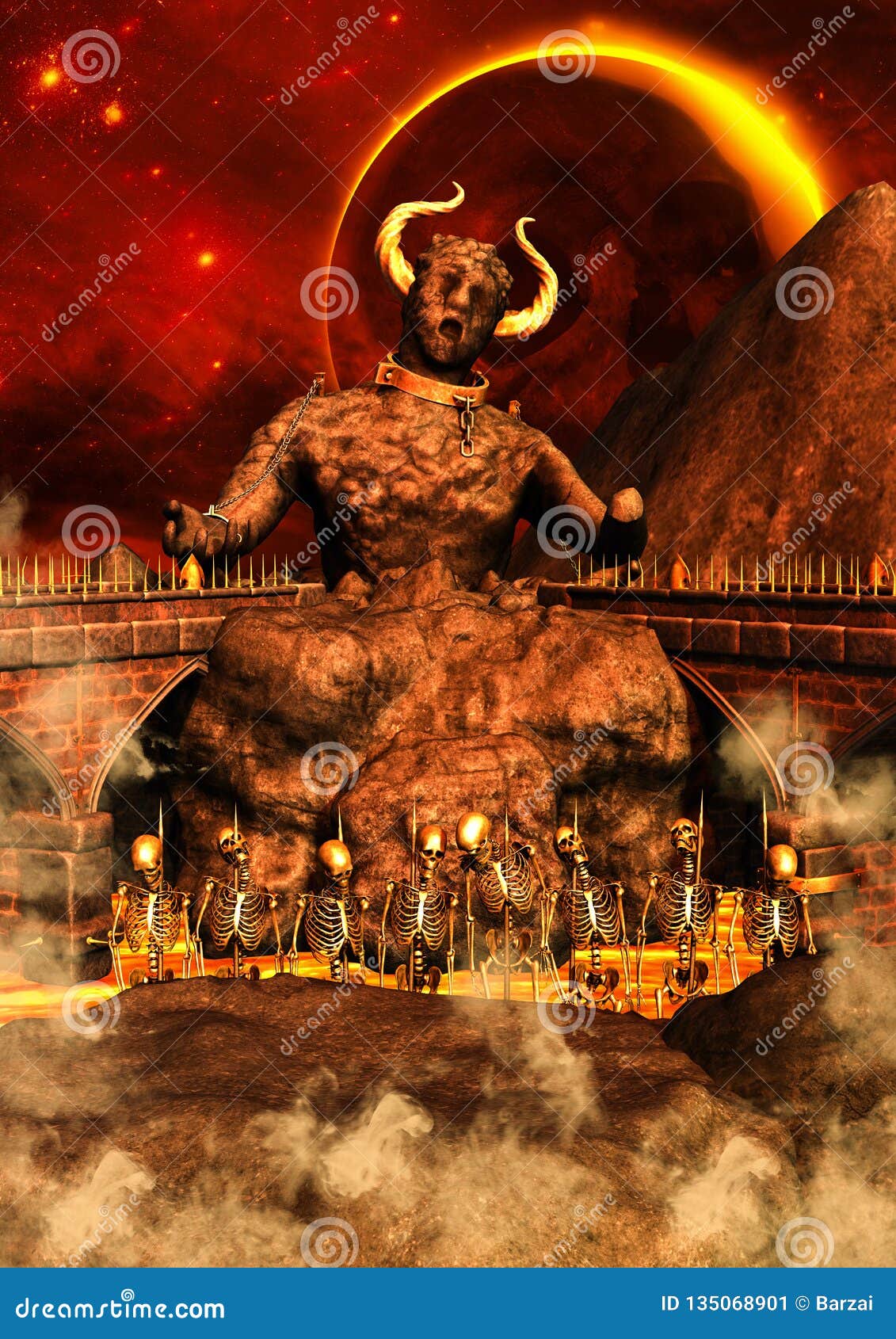 A Scene with a Hellish Scenery, Lava, Skulls, Bones and a Horned Statue ...