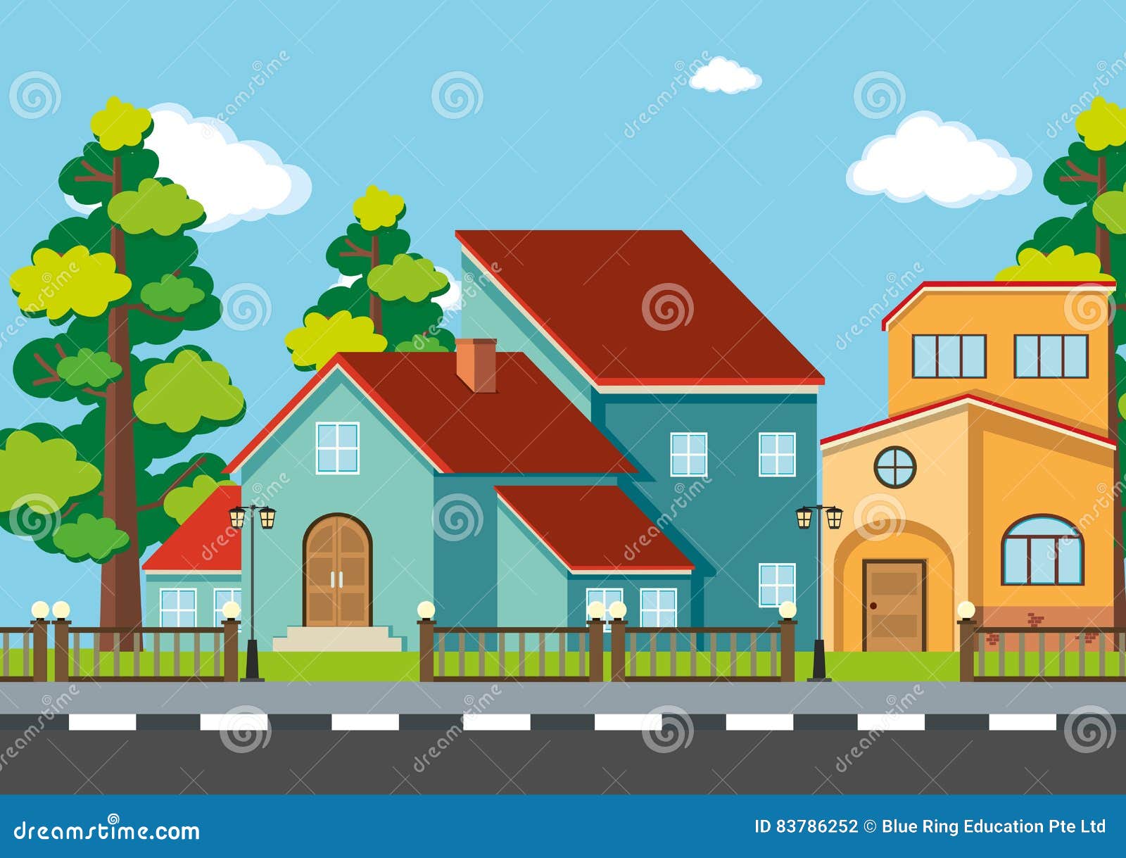 Scene with Houses Along the Road Stock Vector - Illustration of ...