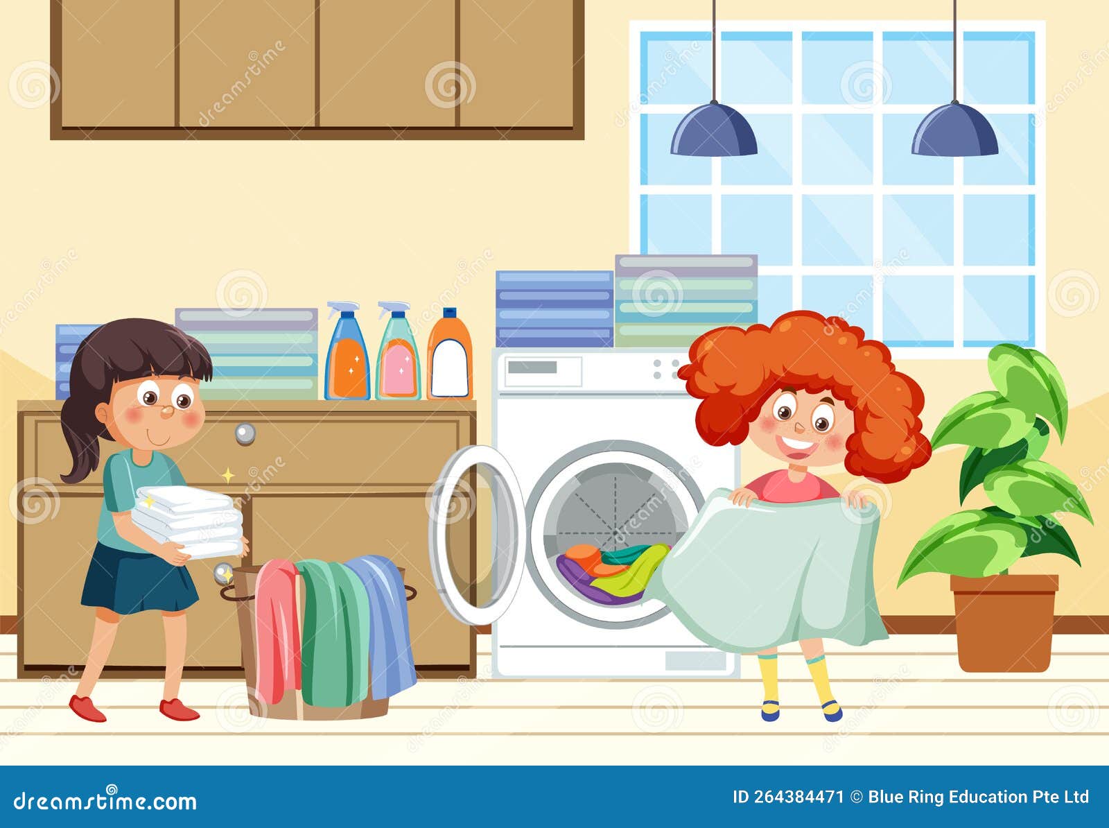 Scene with Kids Doing Laundry Stock Vector - Illustration of living ...