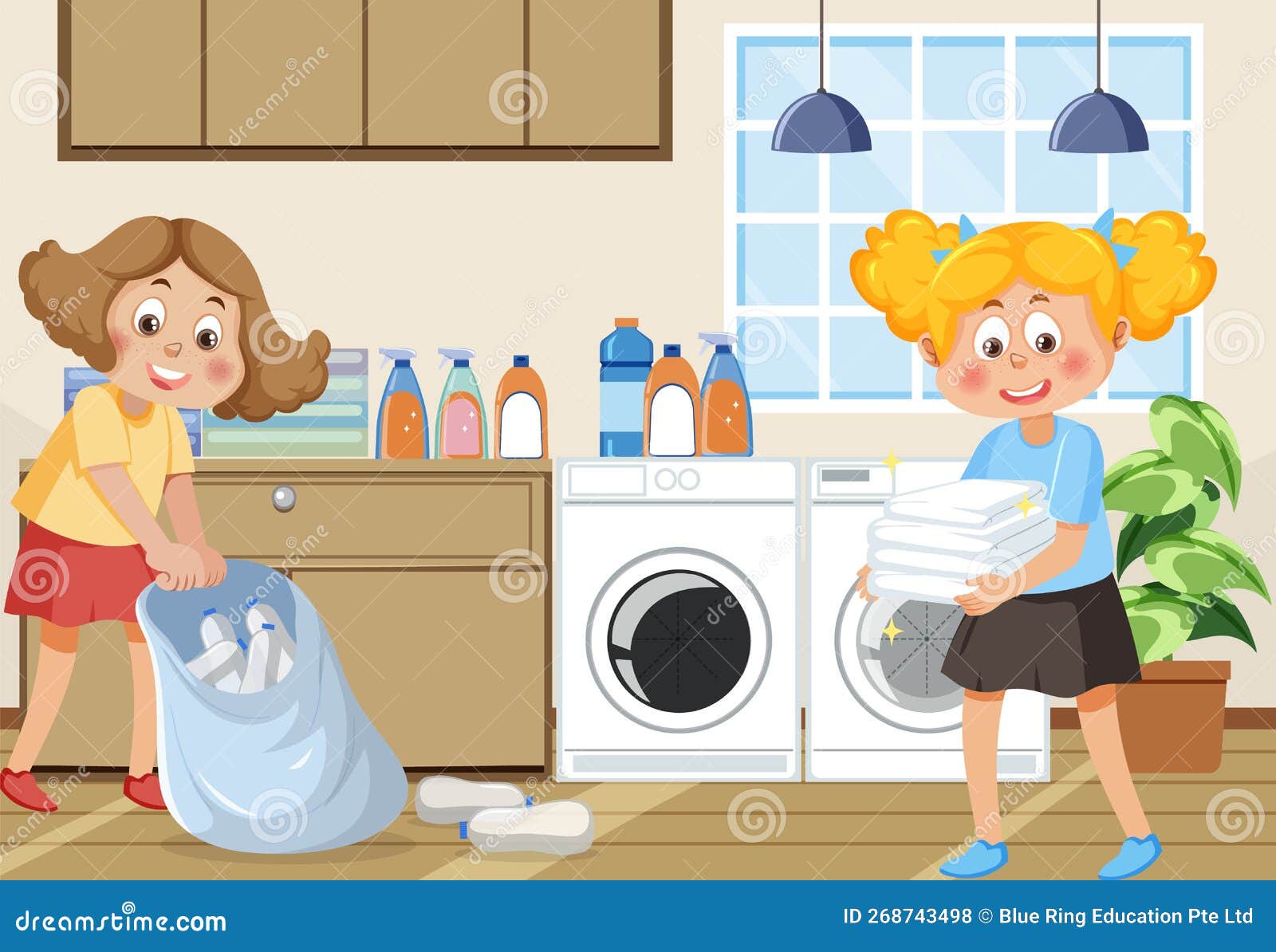 Scene with Kids Doing Laundry Stock Vector - Illustration of room ...