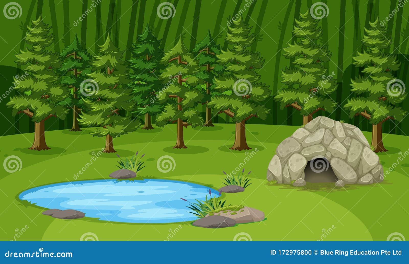 Scene with Little Cave by the Pond in the Big Forest Stock Vector ...