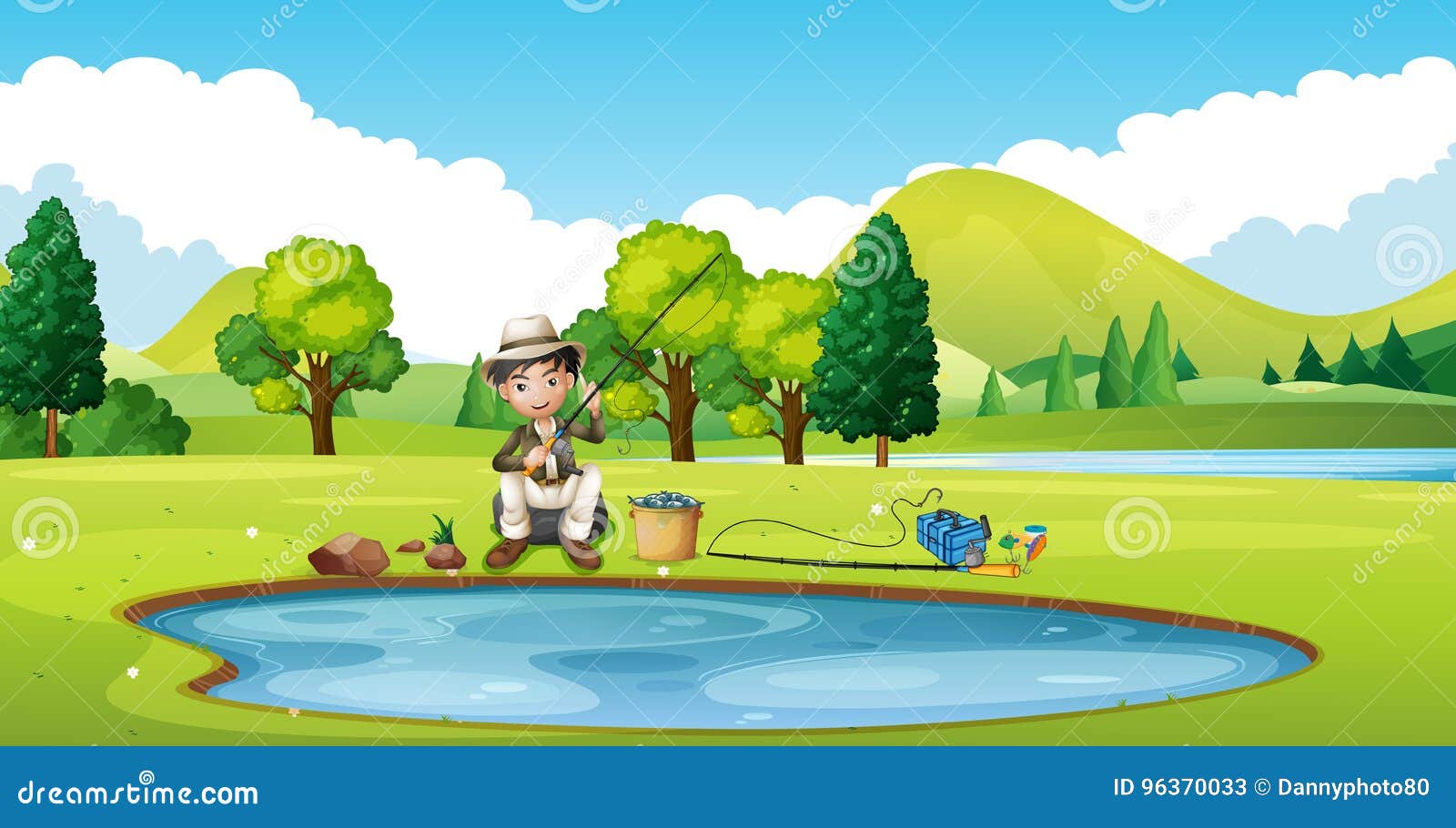 Scene with Man Fishing by the Pond Stock Vector - Illustration of ...