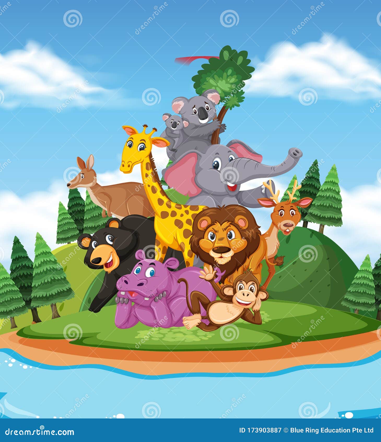 Scene with Many Animals by the River Stock Vector - Illustration of ...