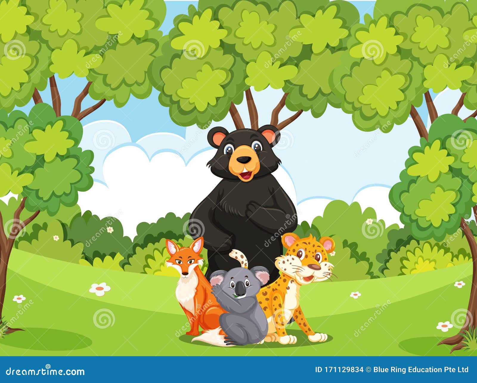 Scene with Many Wild Animals in the Forest Stock Illustration ...