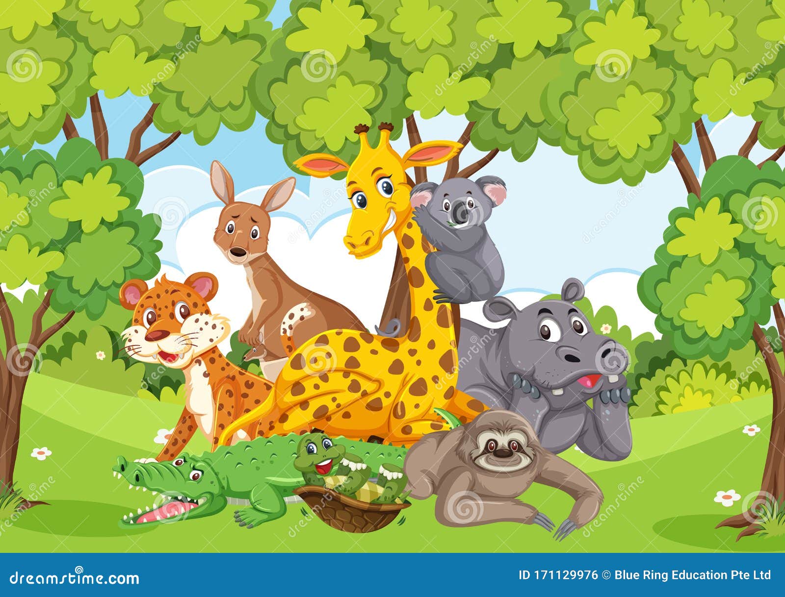 Scene with Many Wild Animals in the Forest Stock Illustration ...