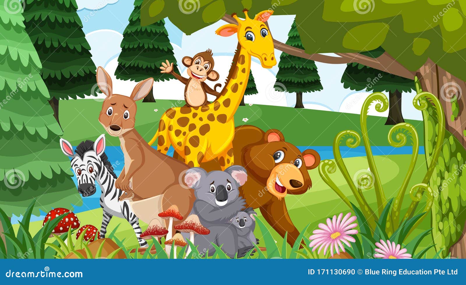 Scene with Many Wild Animals in the Forest Stock Illustration ...