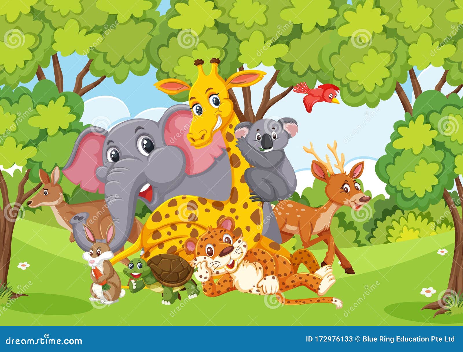 Scene with Many Wild Animals in the Forest Stock Vector - Illustration ...