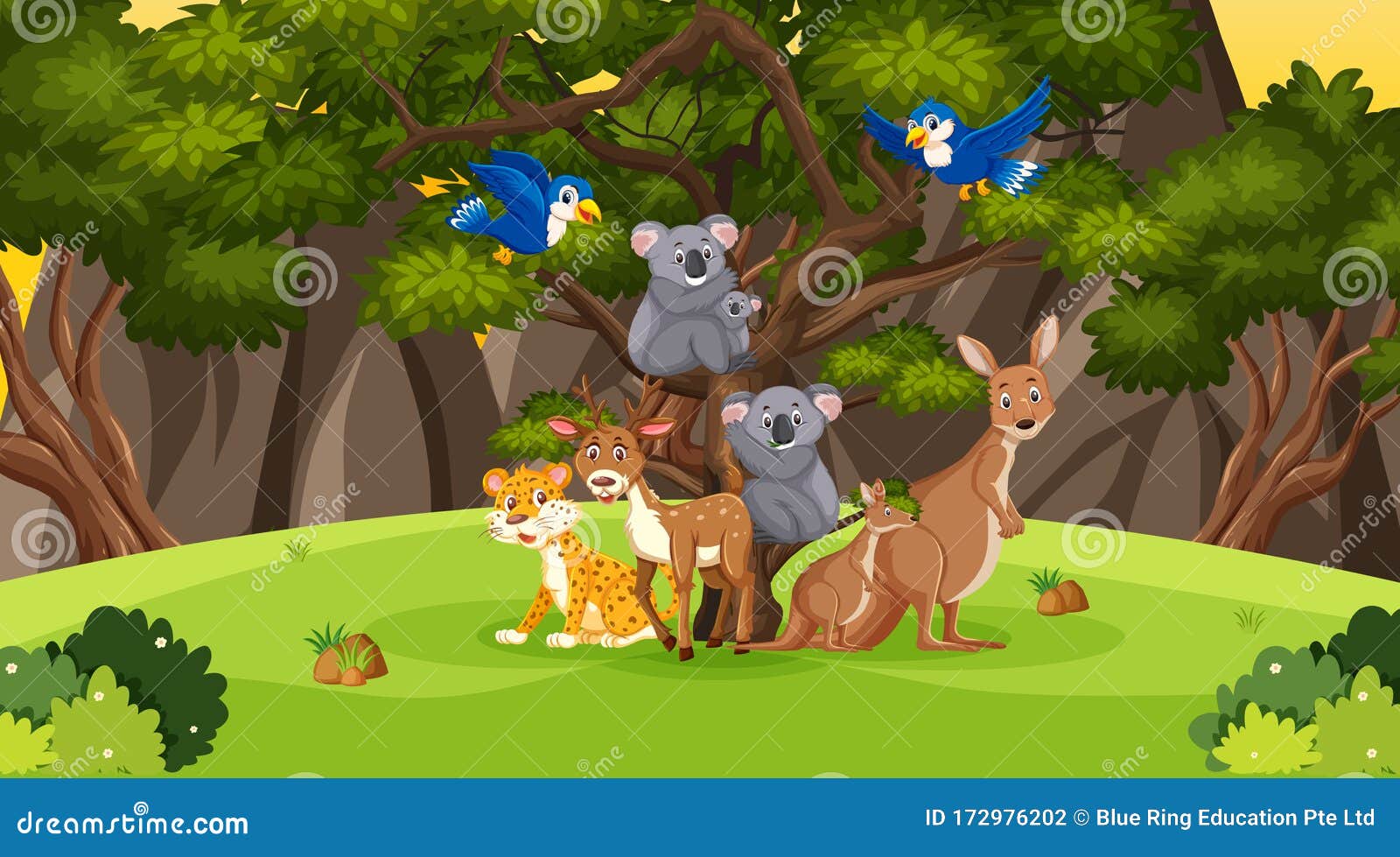 Scene with Many Wild Animals in the Forest Stock Vector - Illustration ...
