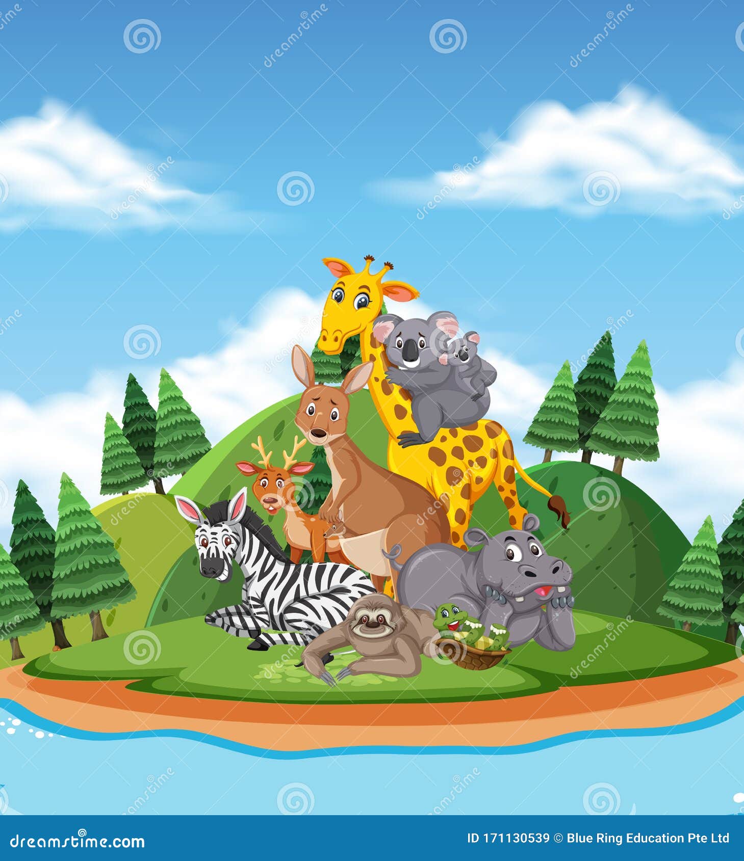 Scene with Many Wild Animals by the River Stock Illustration ...