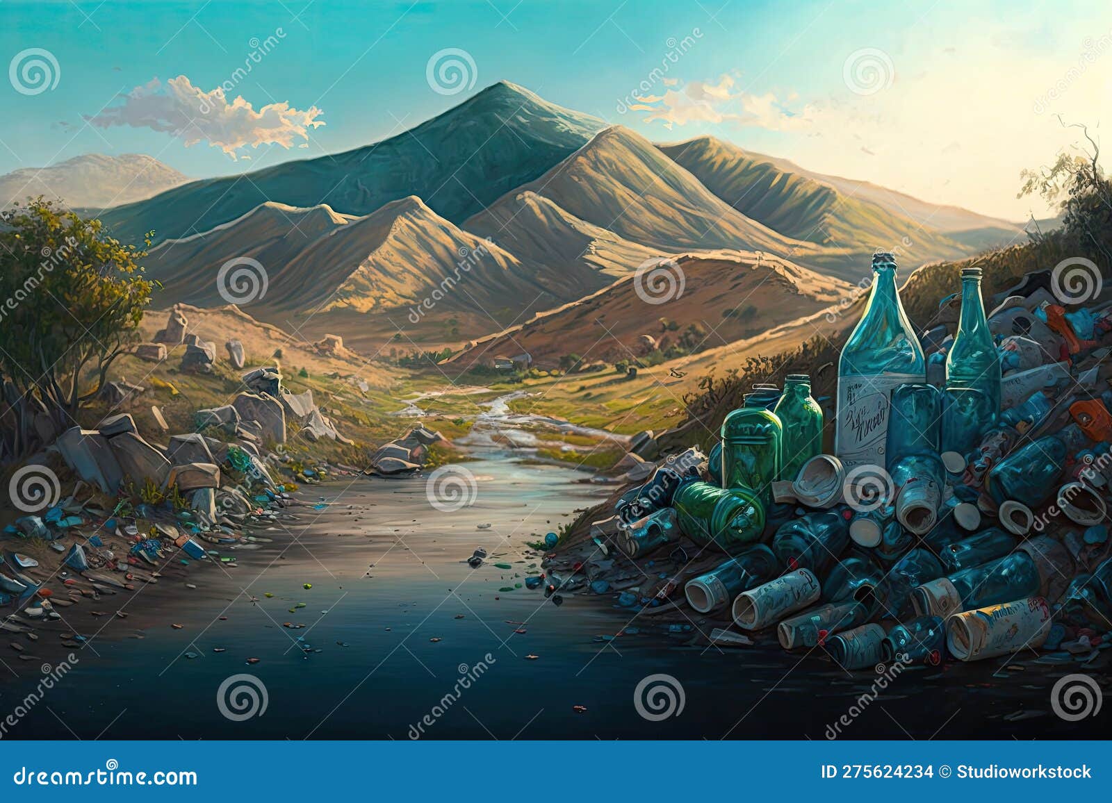 Scene of Mountain View with Plastic Bottles and Other Trash Littering ...