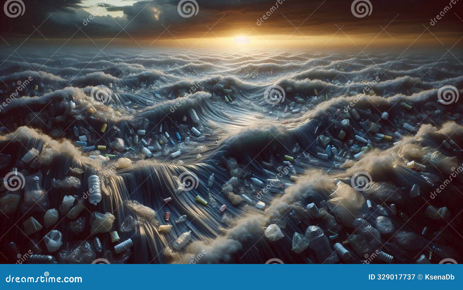 Scene of Ocean Waves Composed of Plastic Bottles at Sunset, Symbolizing ...