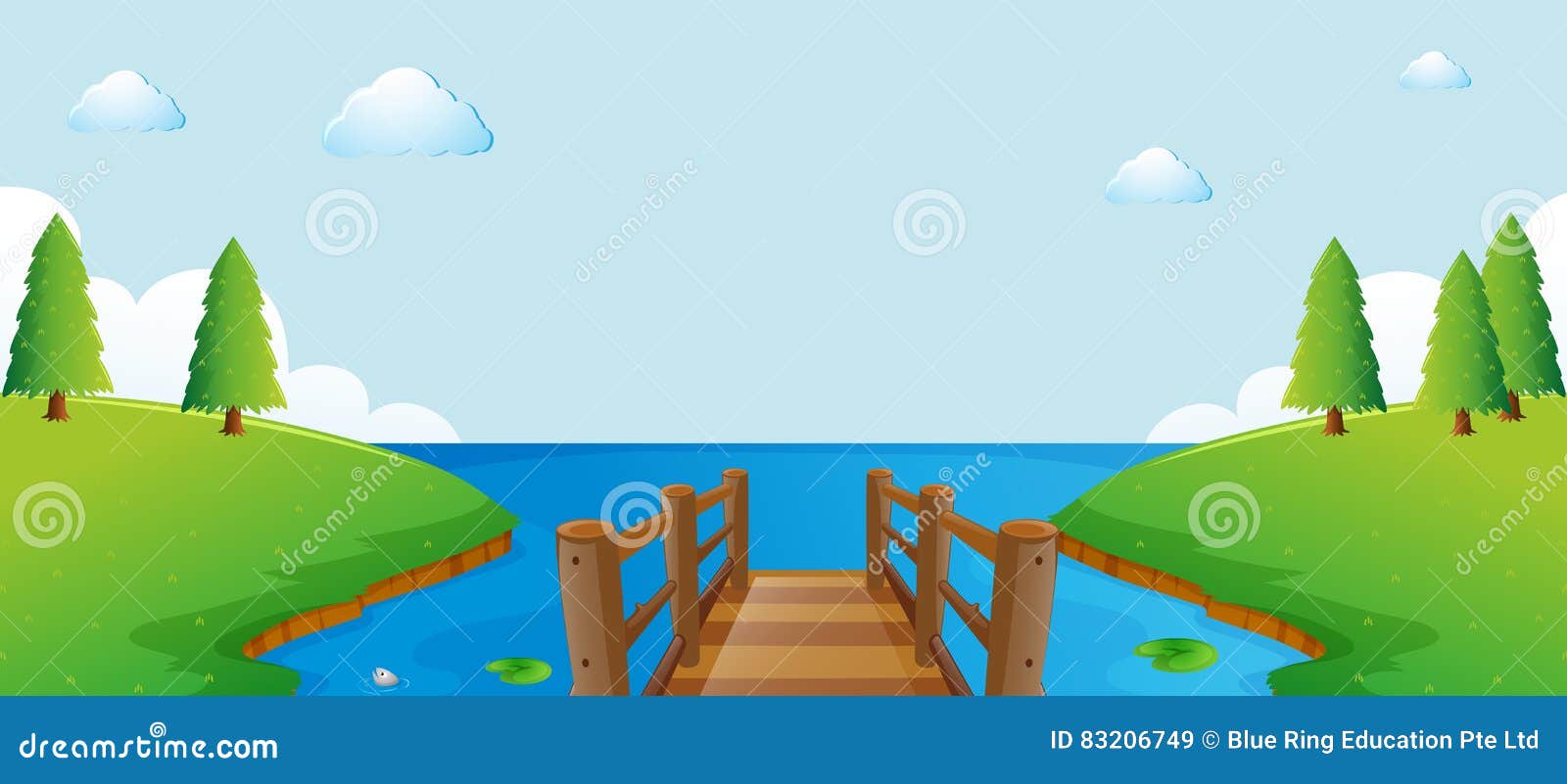 Scene with pier and river stock vector. Illustration of landscape ...