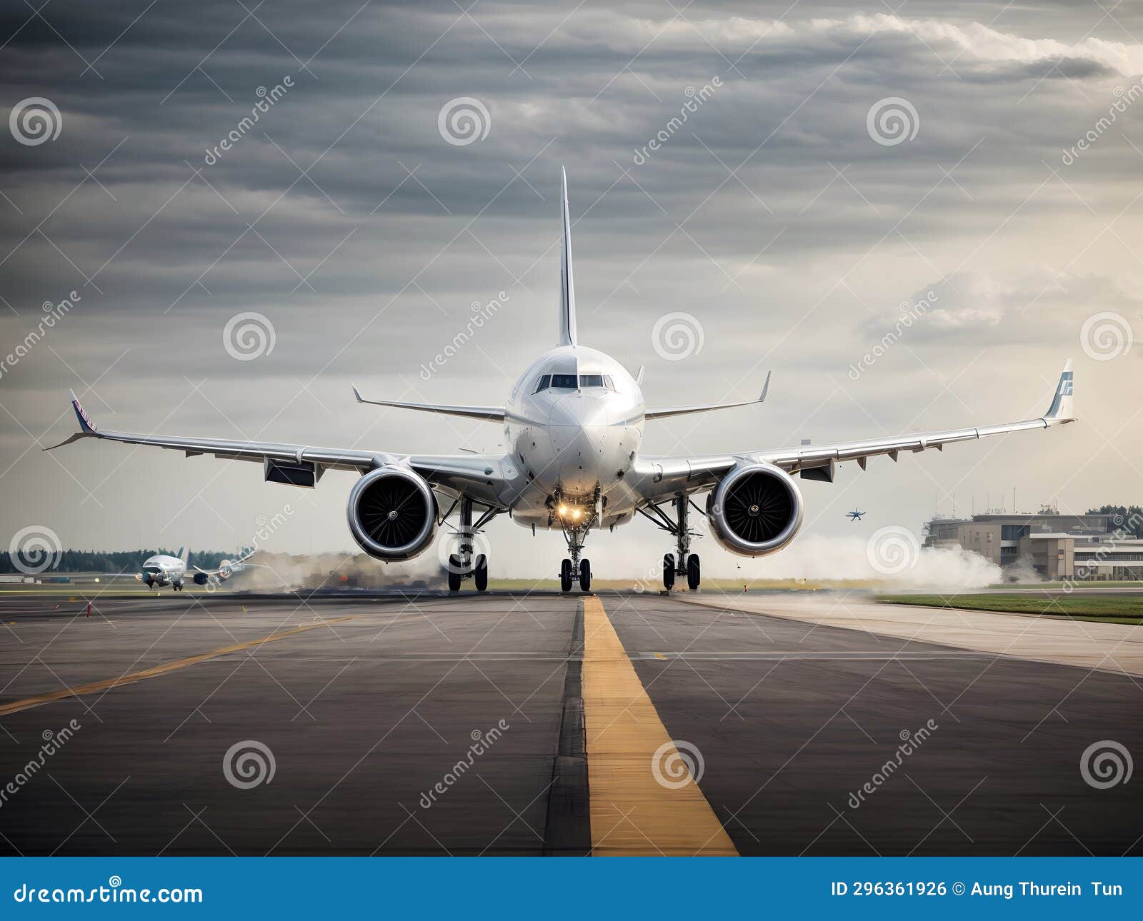 A scene of a plane landing stock photo. Image of modern - 296361926
