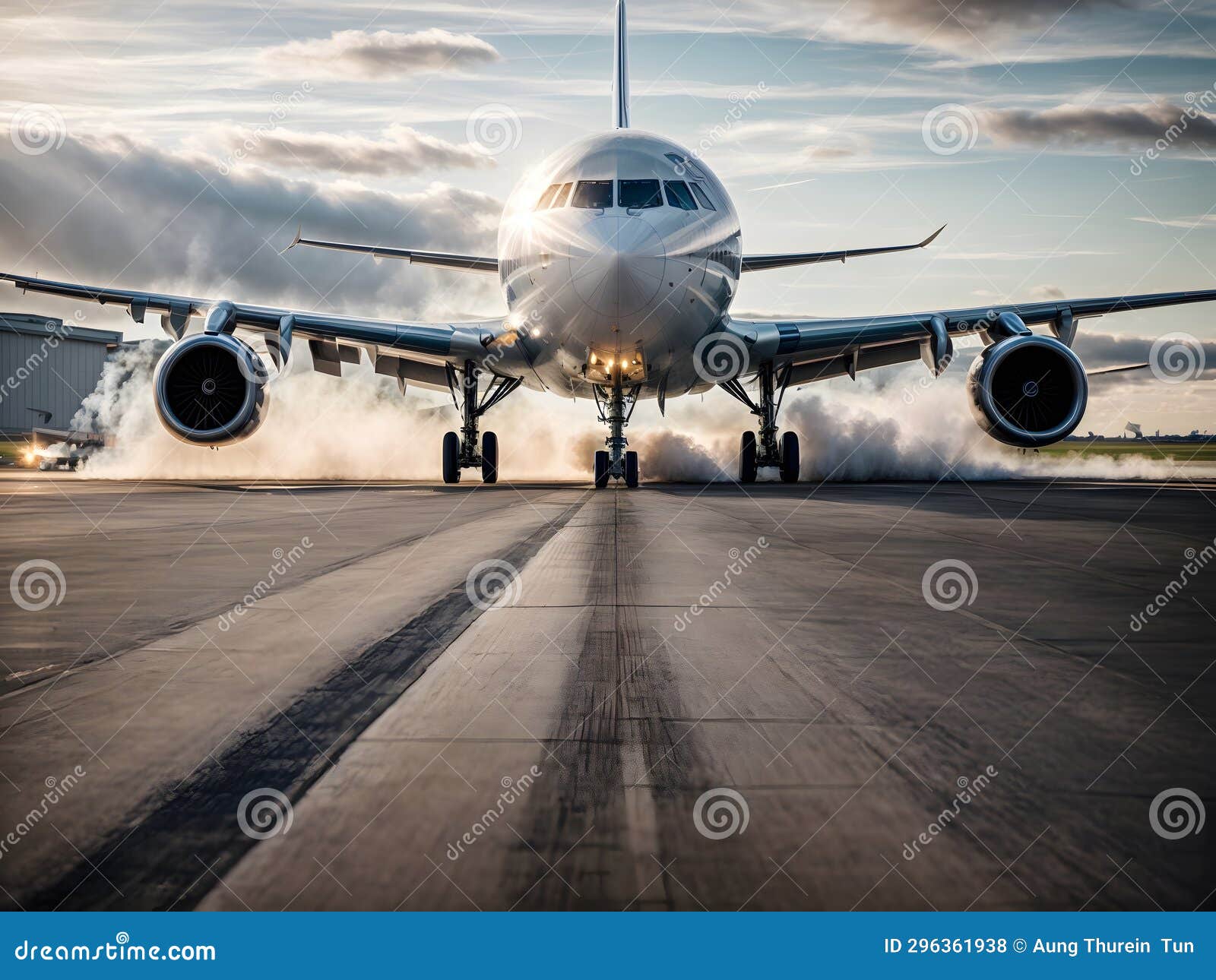 A scene of a plane landing stock photo. Image of airplane - 296361938