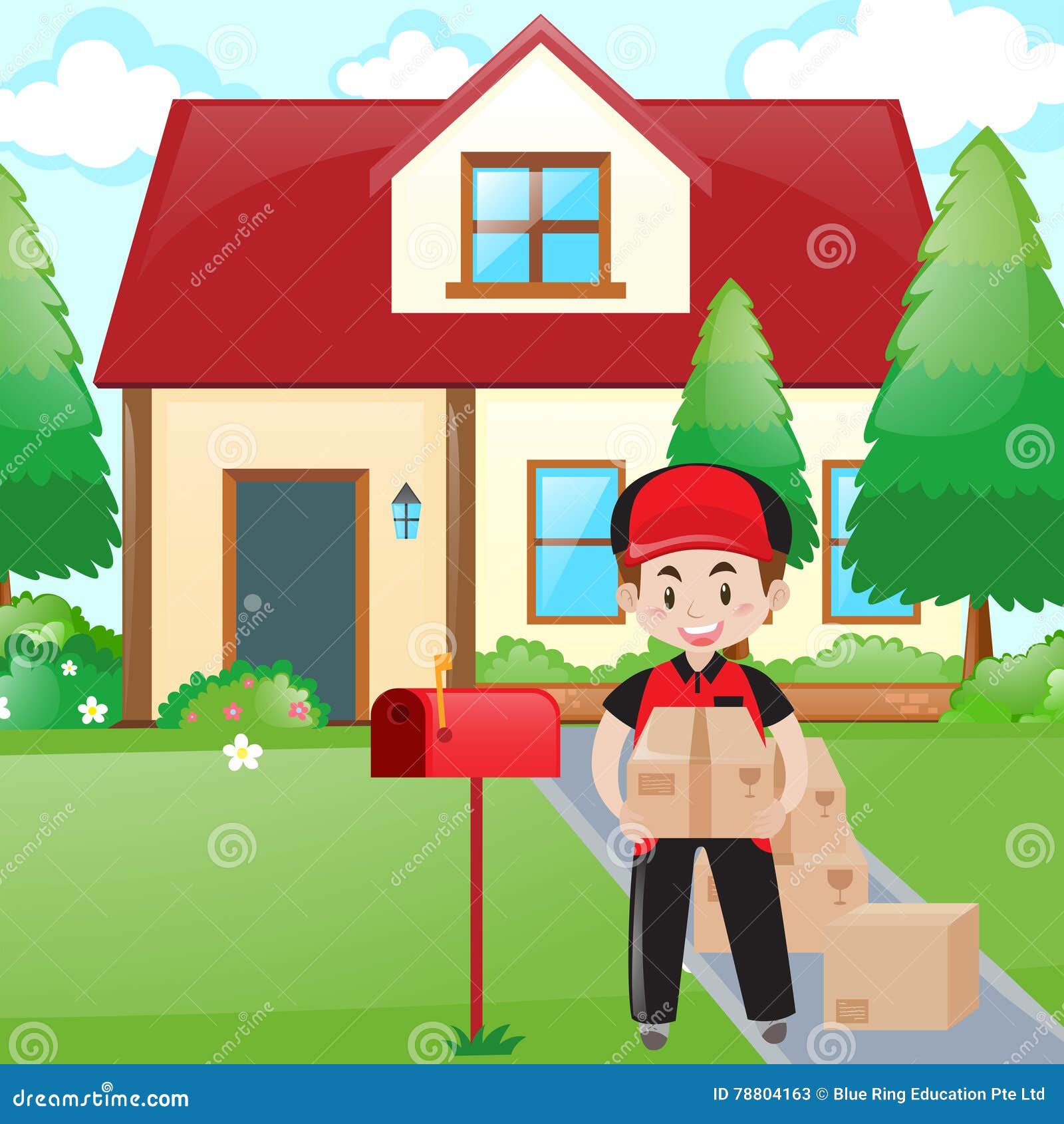 Scene with Postman Delivering Parcels Stock Illustration - Illustration ...