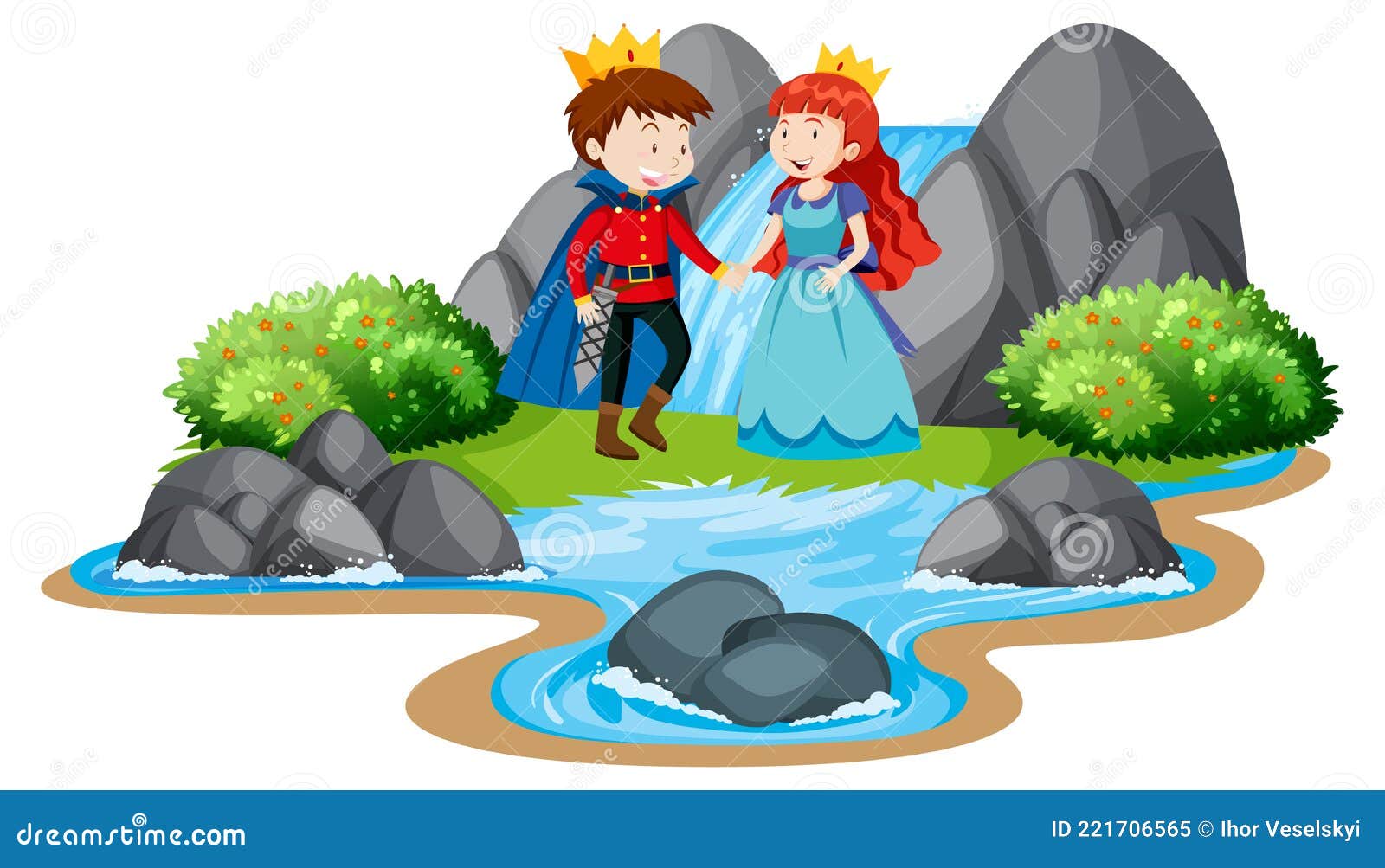 Scene with Prince and Princess by the Waterfall Stock Vector ...