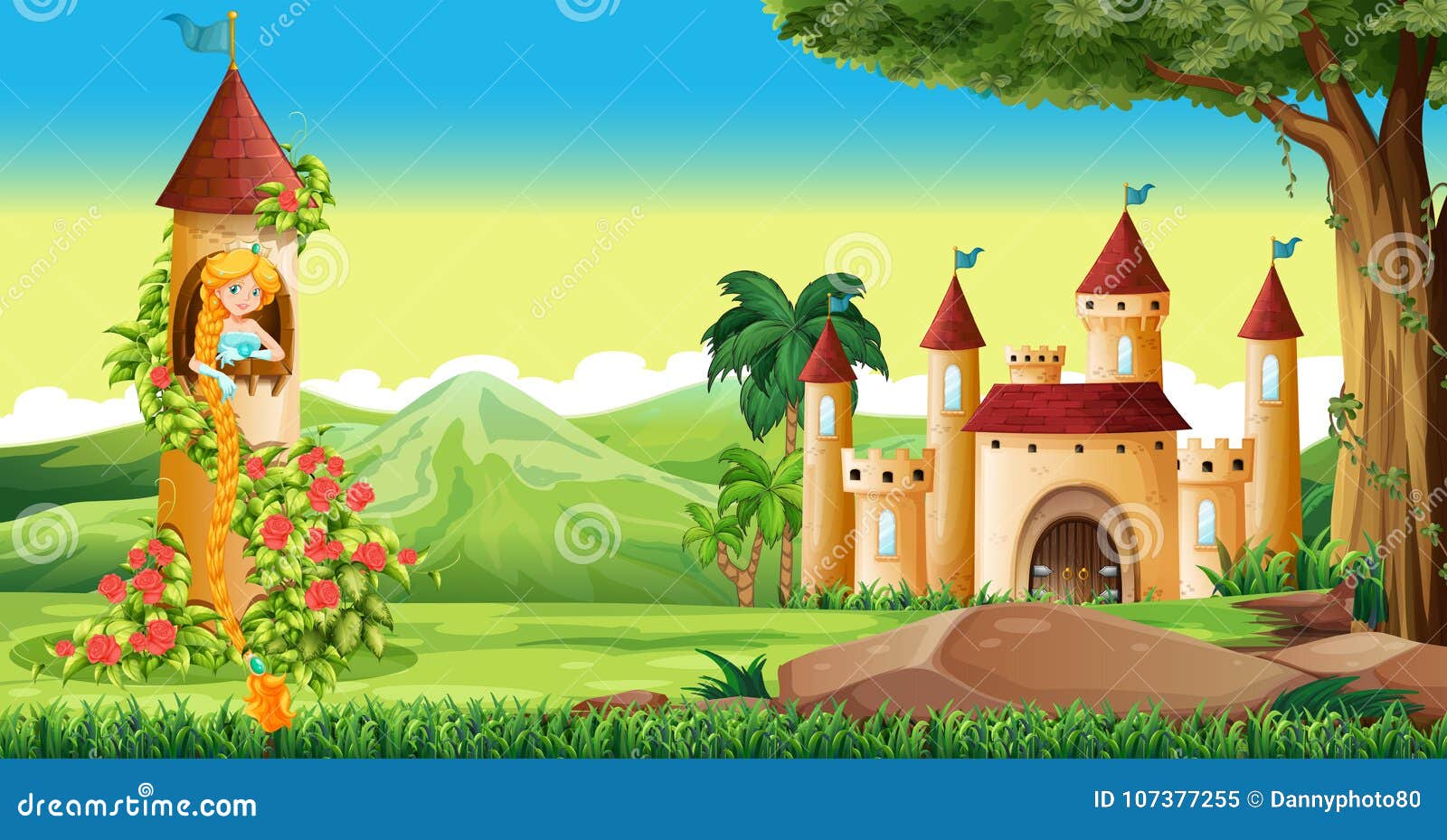 Princess In Tower With Melody Symbol On Rainbow Vector Illustration ...