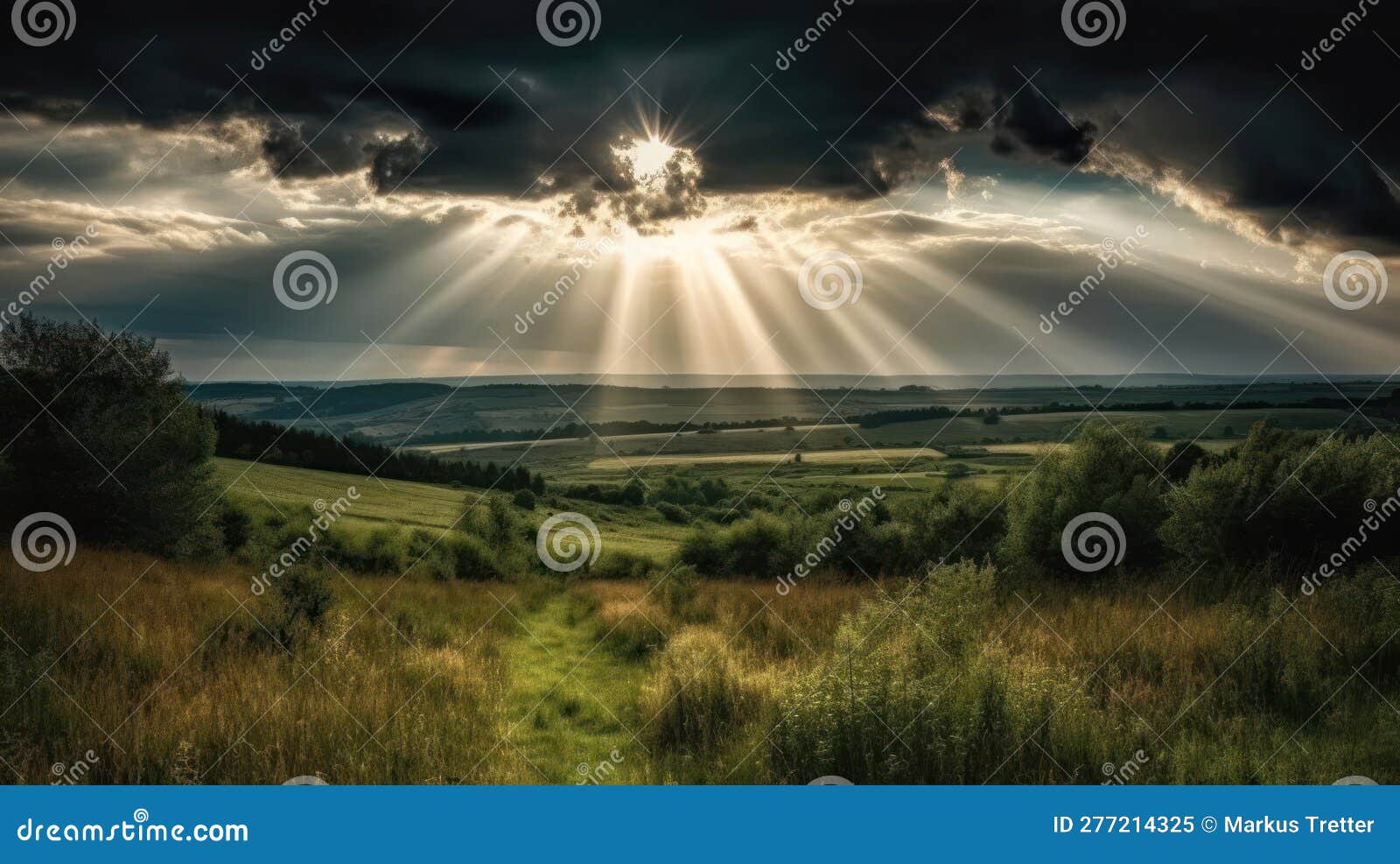 A Dramatic and Ominous Sky Over a Green Countryside with Rays of ...
